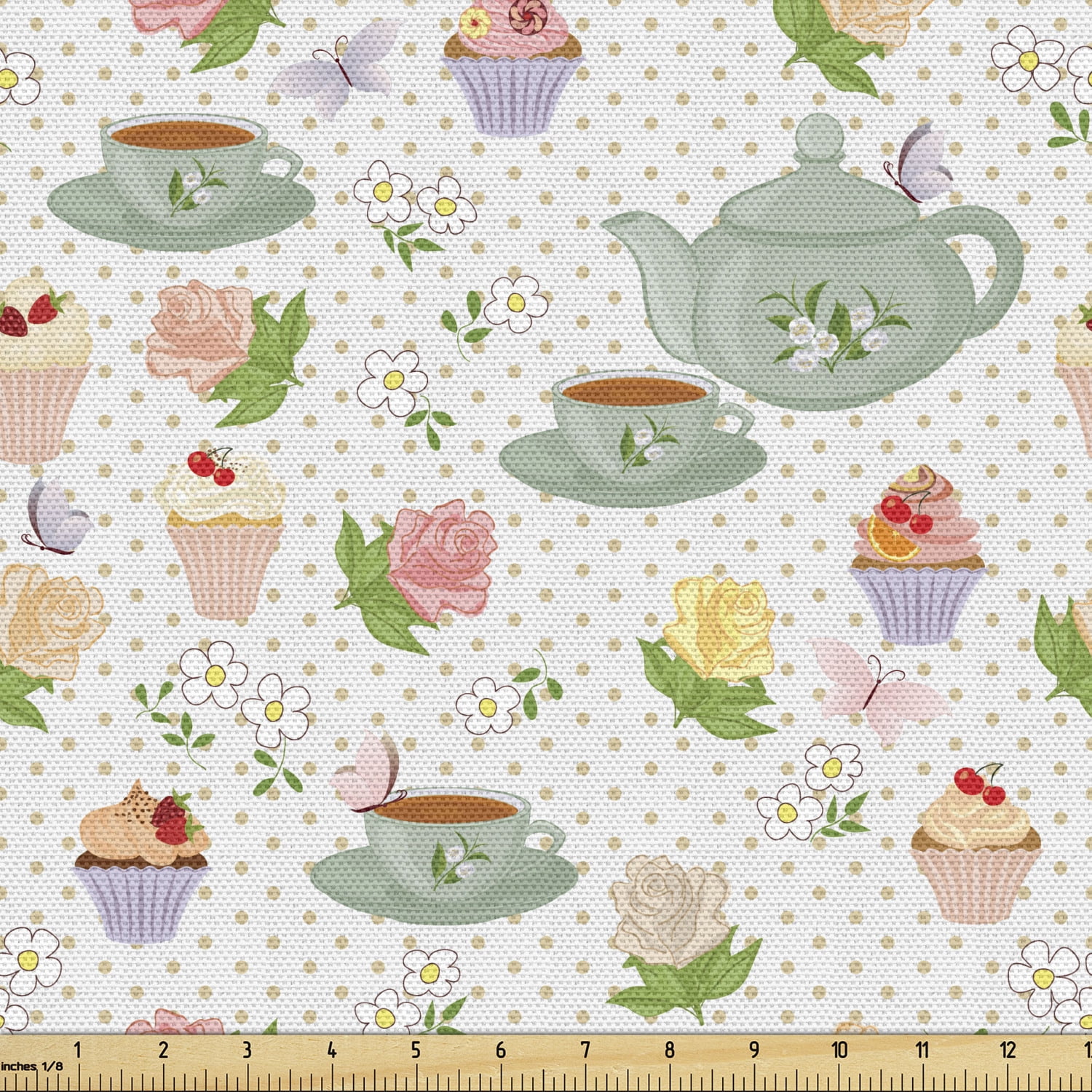 Ambesonne Tea Party Fabric by the Yard Upholstery, Polka Dots Cupcake ...