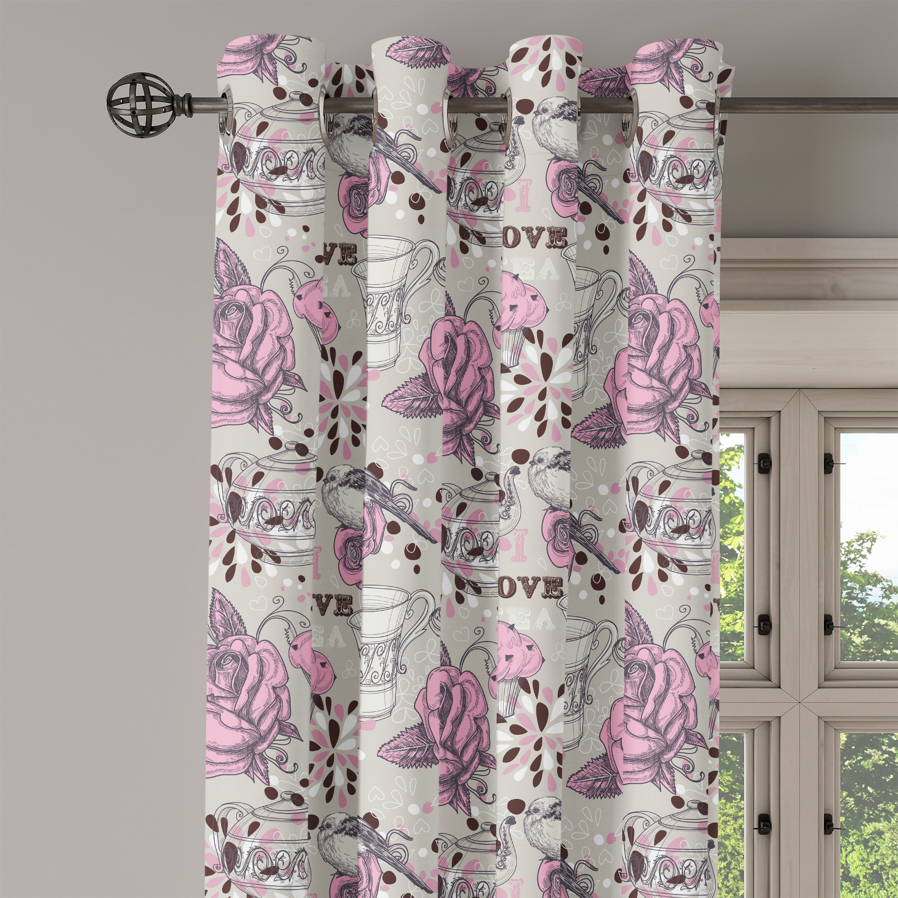 Ambesonne Tea Party Grommet Curtain Single Panel, Romantic Roses Birds ...