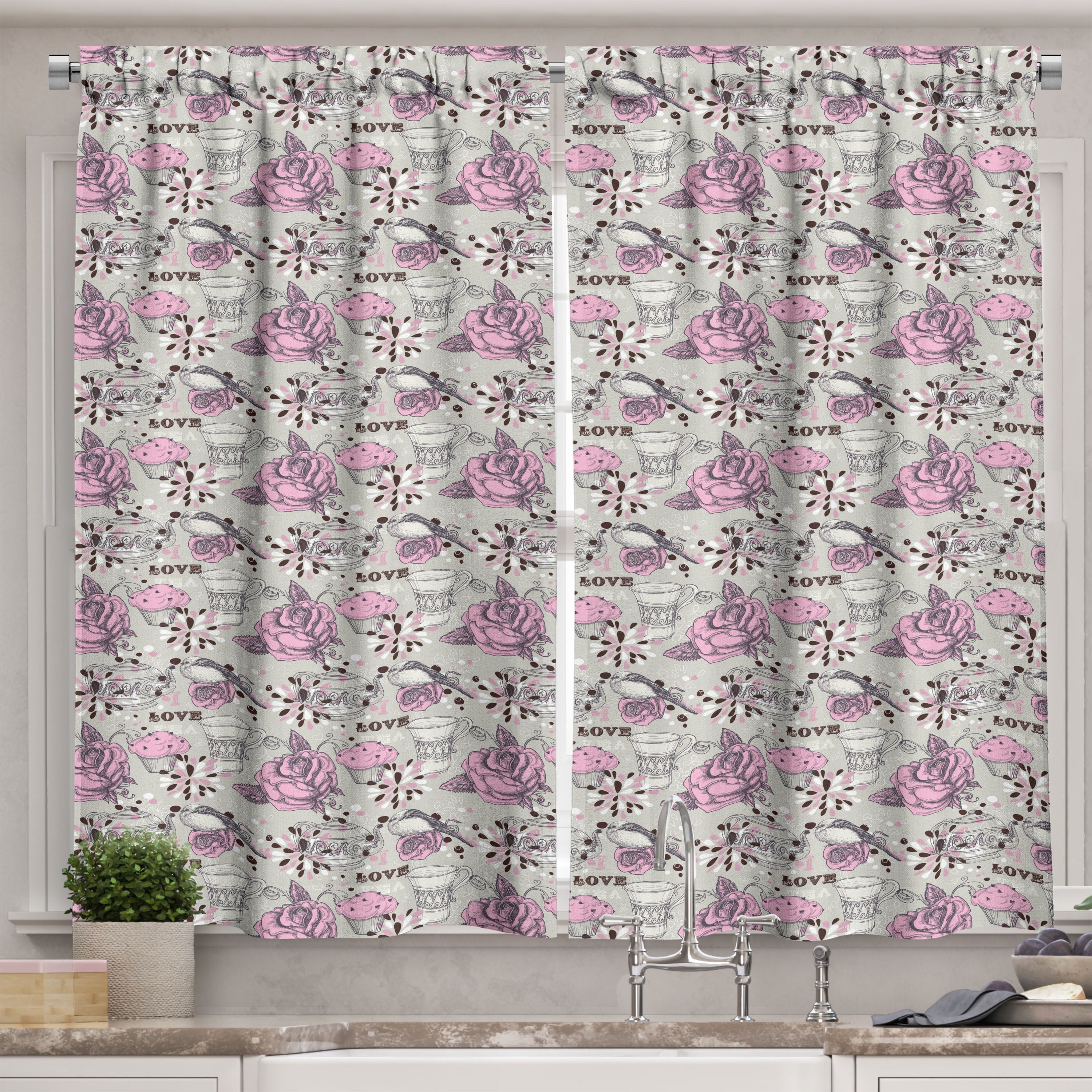 Ambesonne Tea Party Kitchen Curtains, Romantic Roses Birds, 55"x39 ...