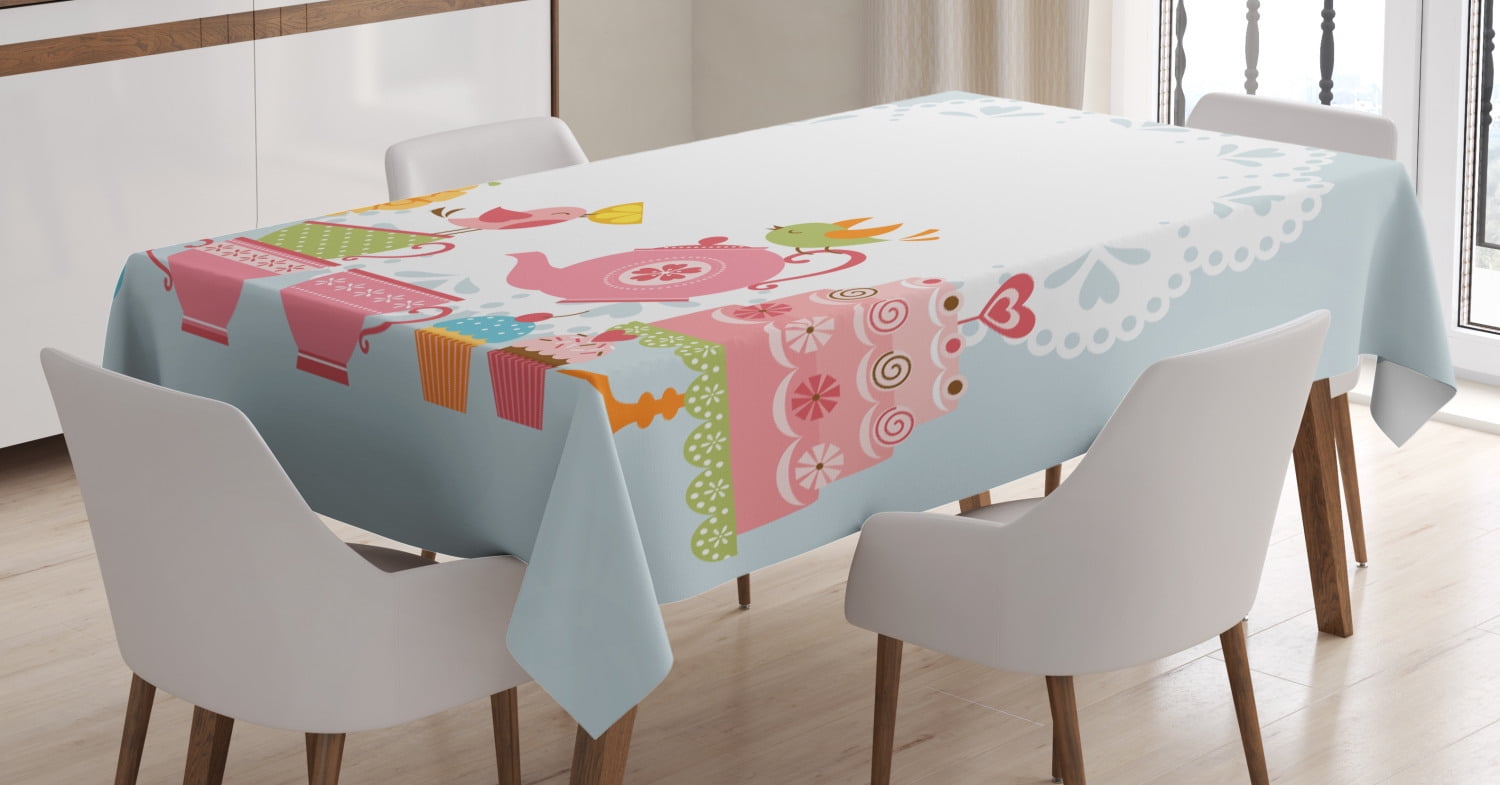 Ambesonne Tea Party Tablecloth Rectangular Table Cover, Birds Drinking ...