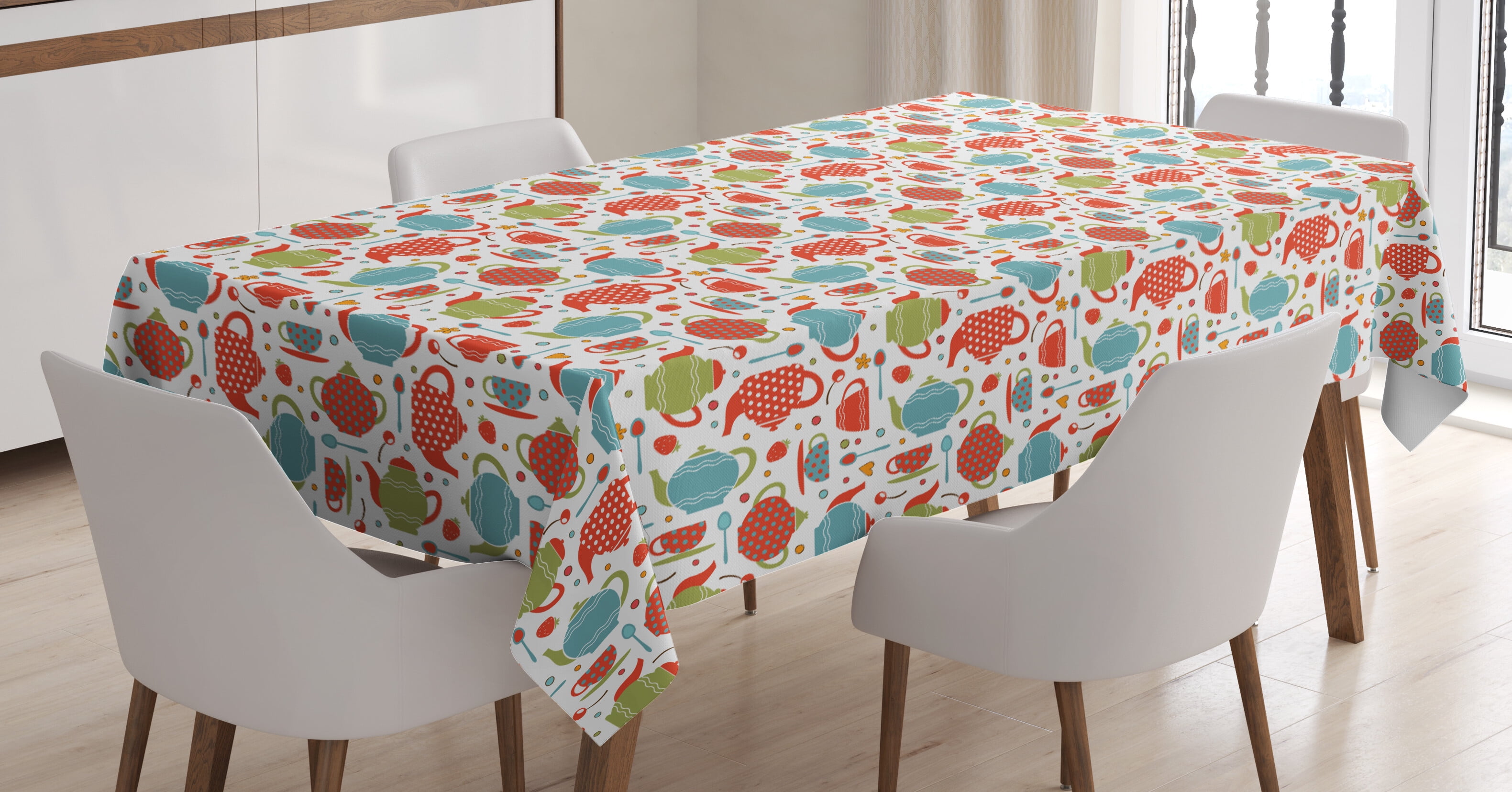 Ambesonne Tea Party Tablecloth Rectangular Table Cover, Pots Cups and ...