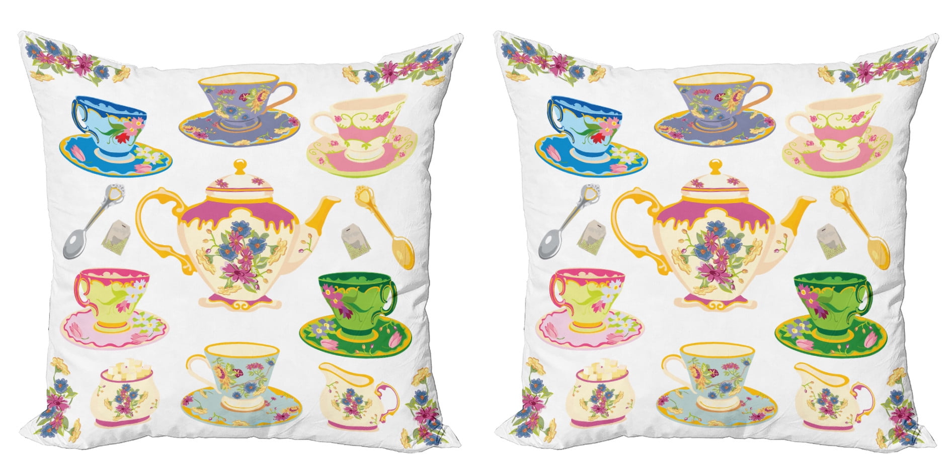 Ambesonne Tea Party Throw Pillow Cover 2 Pack, Vivid Teacups Print Art ...
