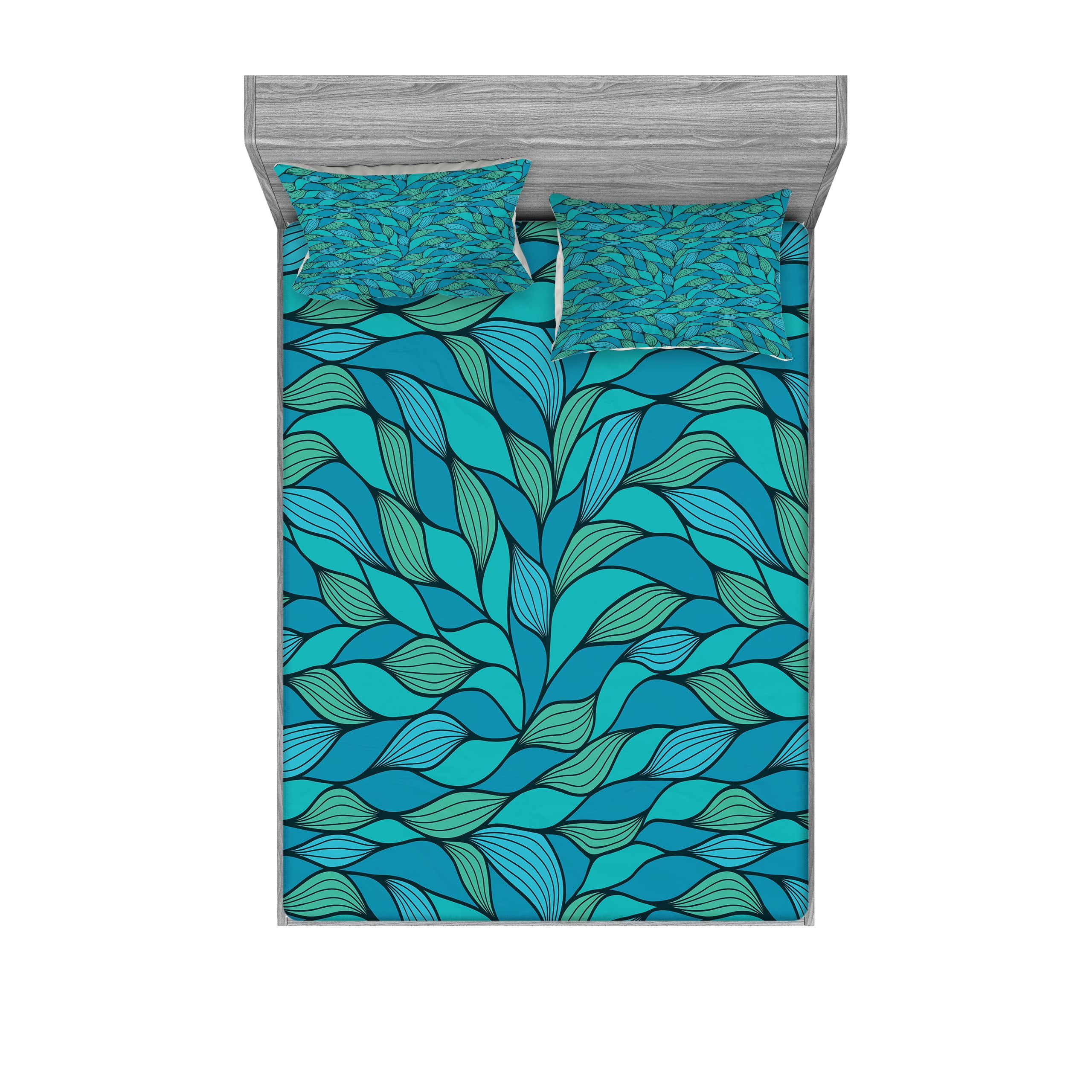Ambesonne Teal Fitted Sheet & Pillow Sham Set, Abstract Wave Ocean ...