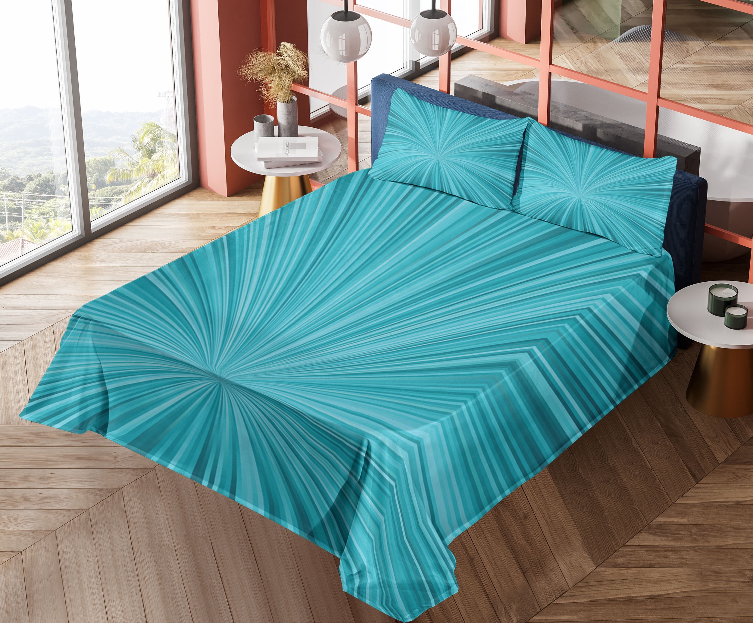 Ambesonne Teal Fitted & Top Sheet Set with Shams, Abstract Vortex ...