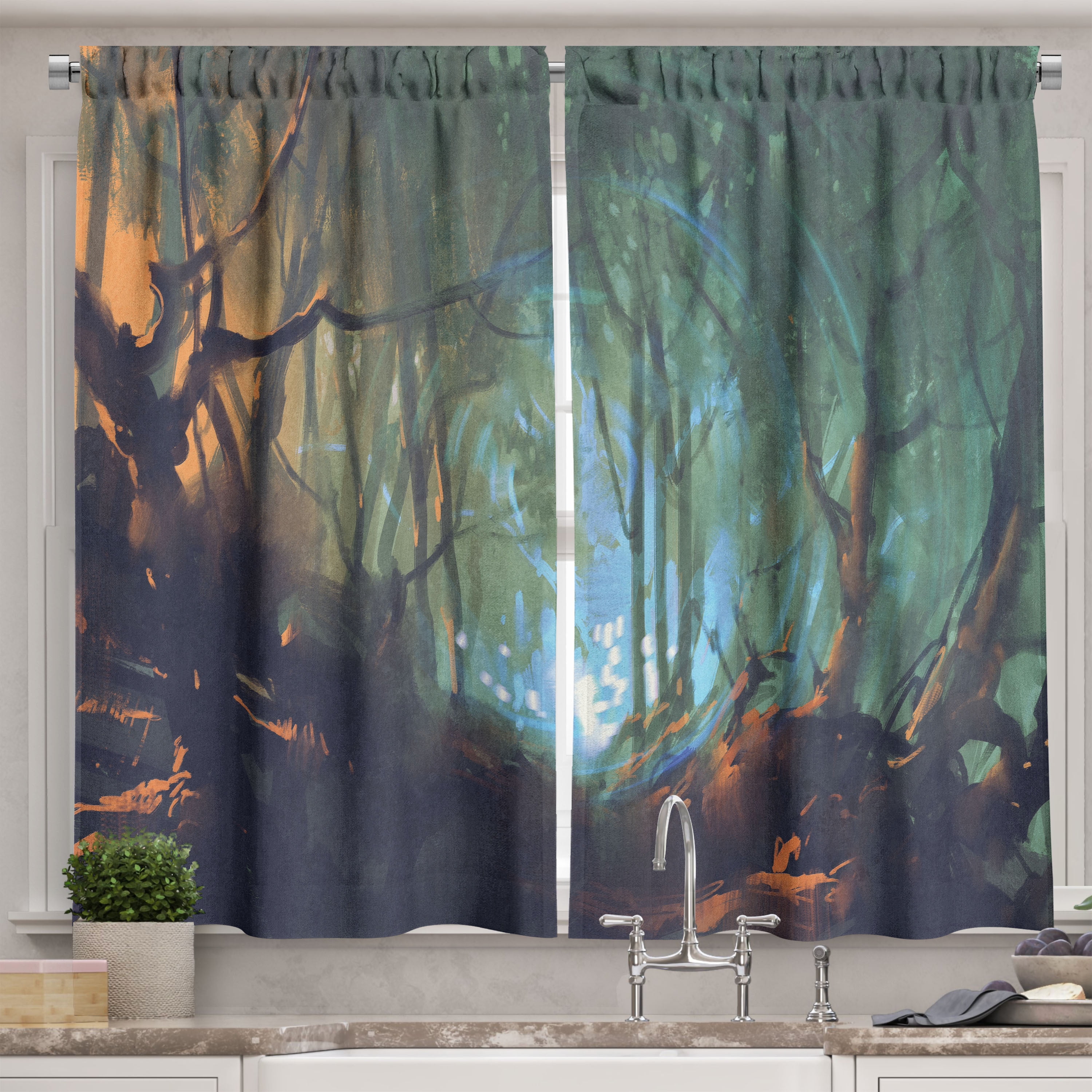 Ambesonne Teal Kitchen Curtains, Dark Forest, 55"x45", Brown Teal ...