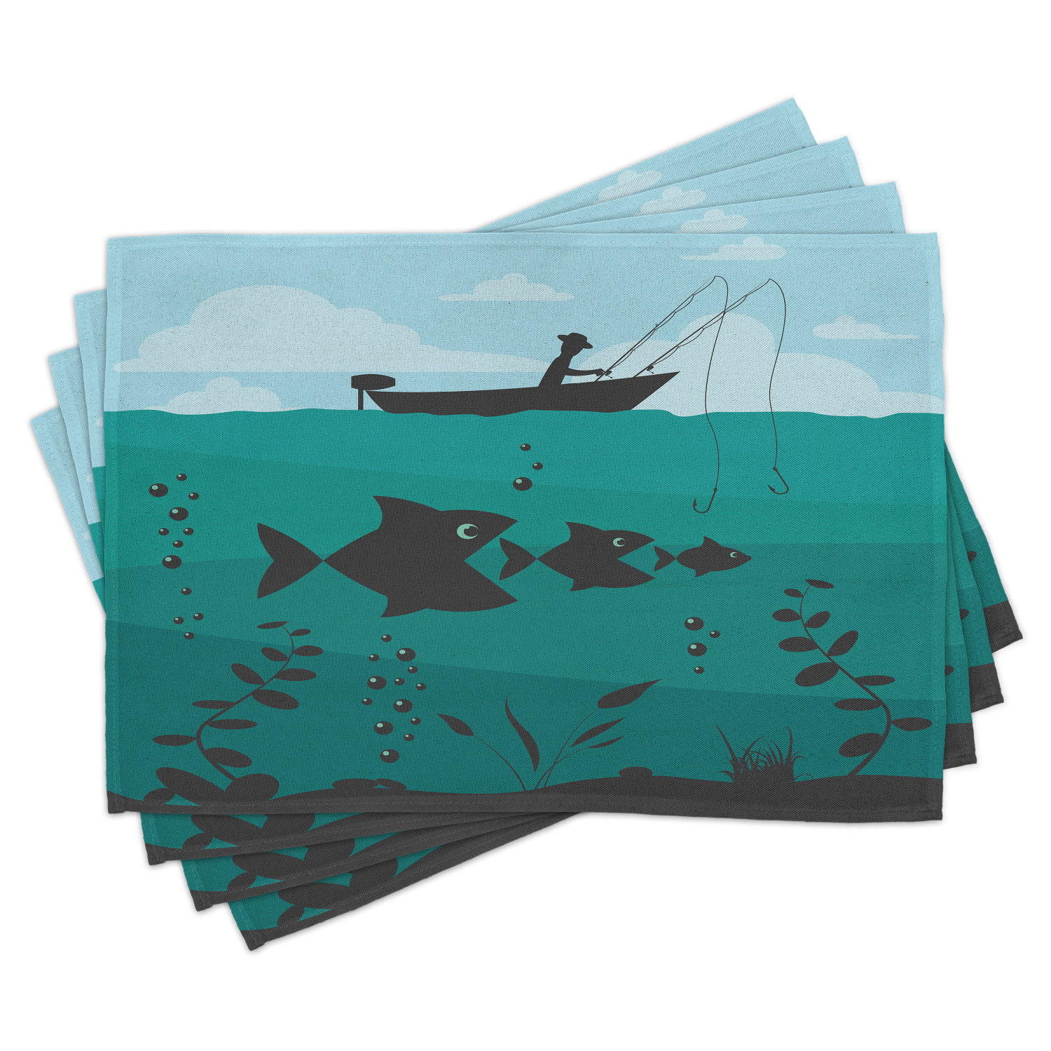 Ambesonne Teal Place Mats Set of 4, Fishing on Boat Nautical, Standard ...