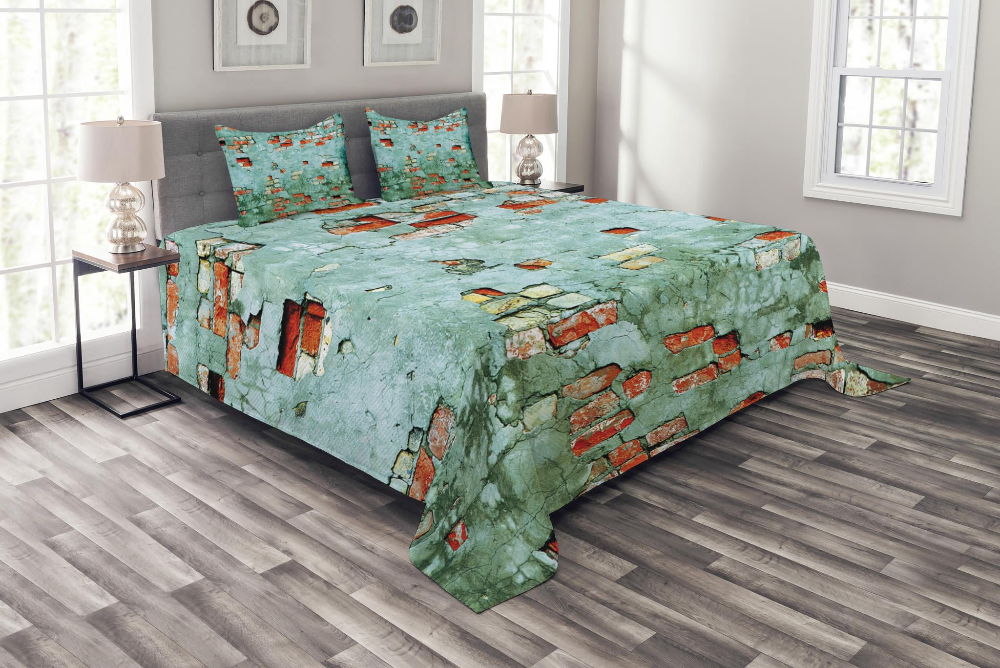 Ambesonne Teal Quilted Bedspread Set 3 Pcs, Brick Wall Old Wrecked ...