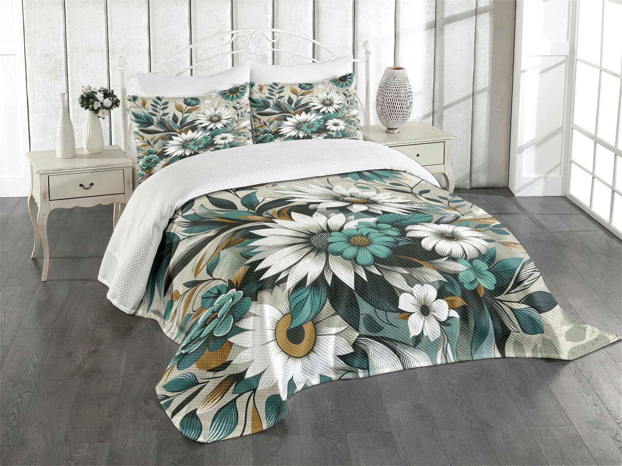 Ambesonne Teal Quilted Bedspread Set 3 Pcs, Modern Urban Jungle Leaves ...