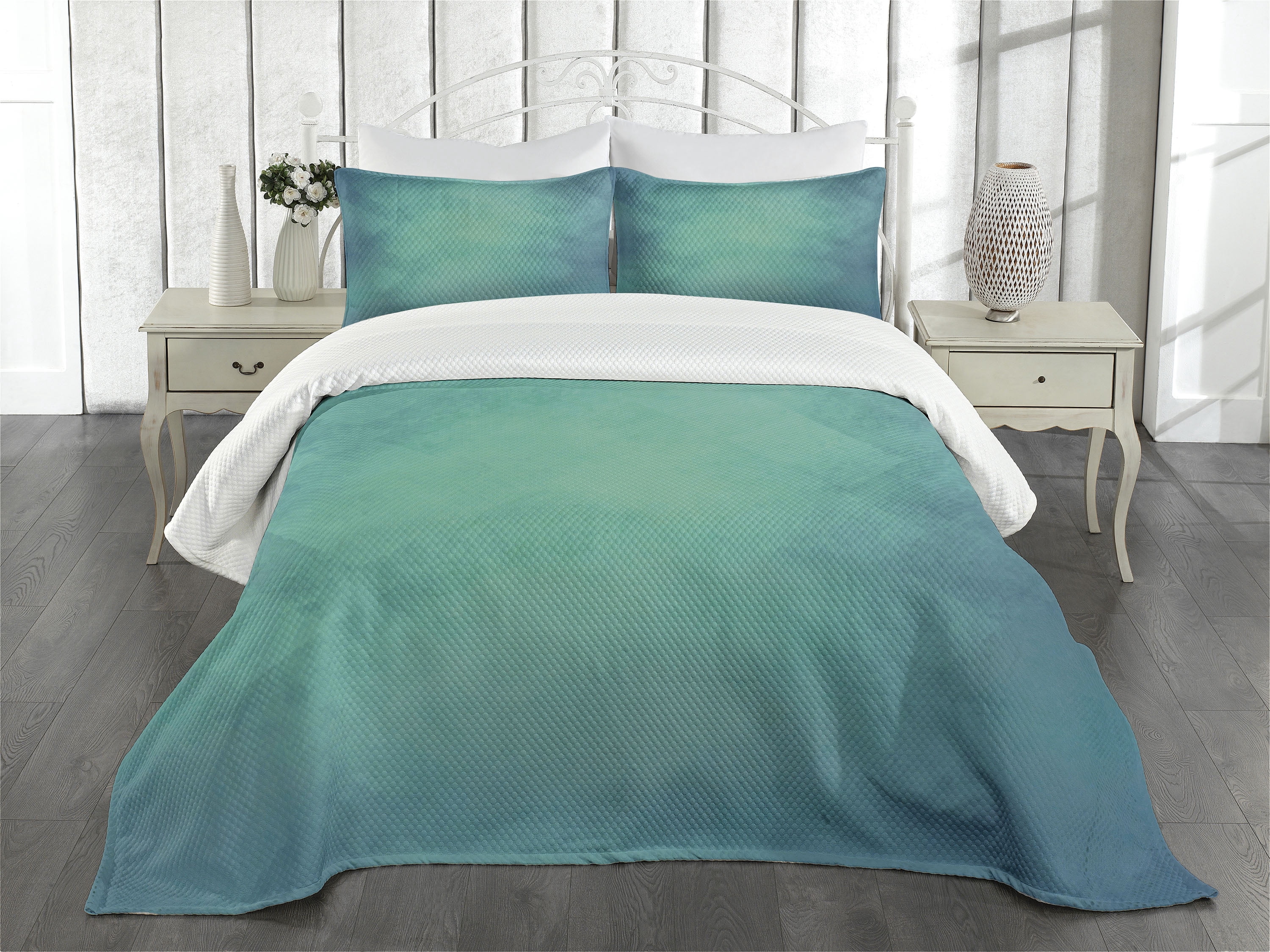 Ambesonne Teal Quilted Bedspread Set 3 Pcs, Retro Grunge Tranquil ...