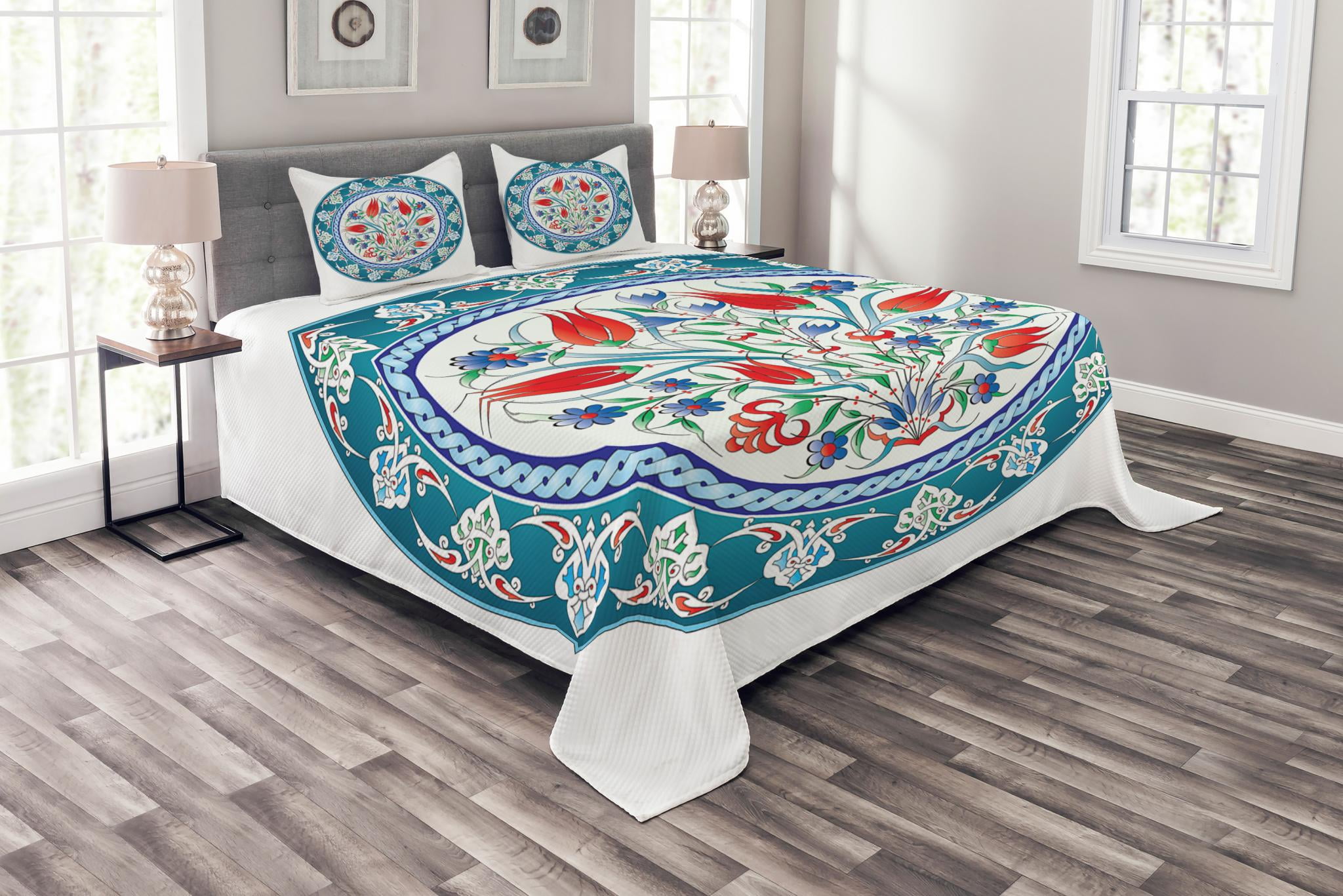 Ambesonne Teal Quilted Bedspread Set 3 Pcs, Turkish Tulip Floral Art ...