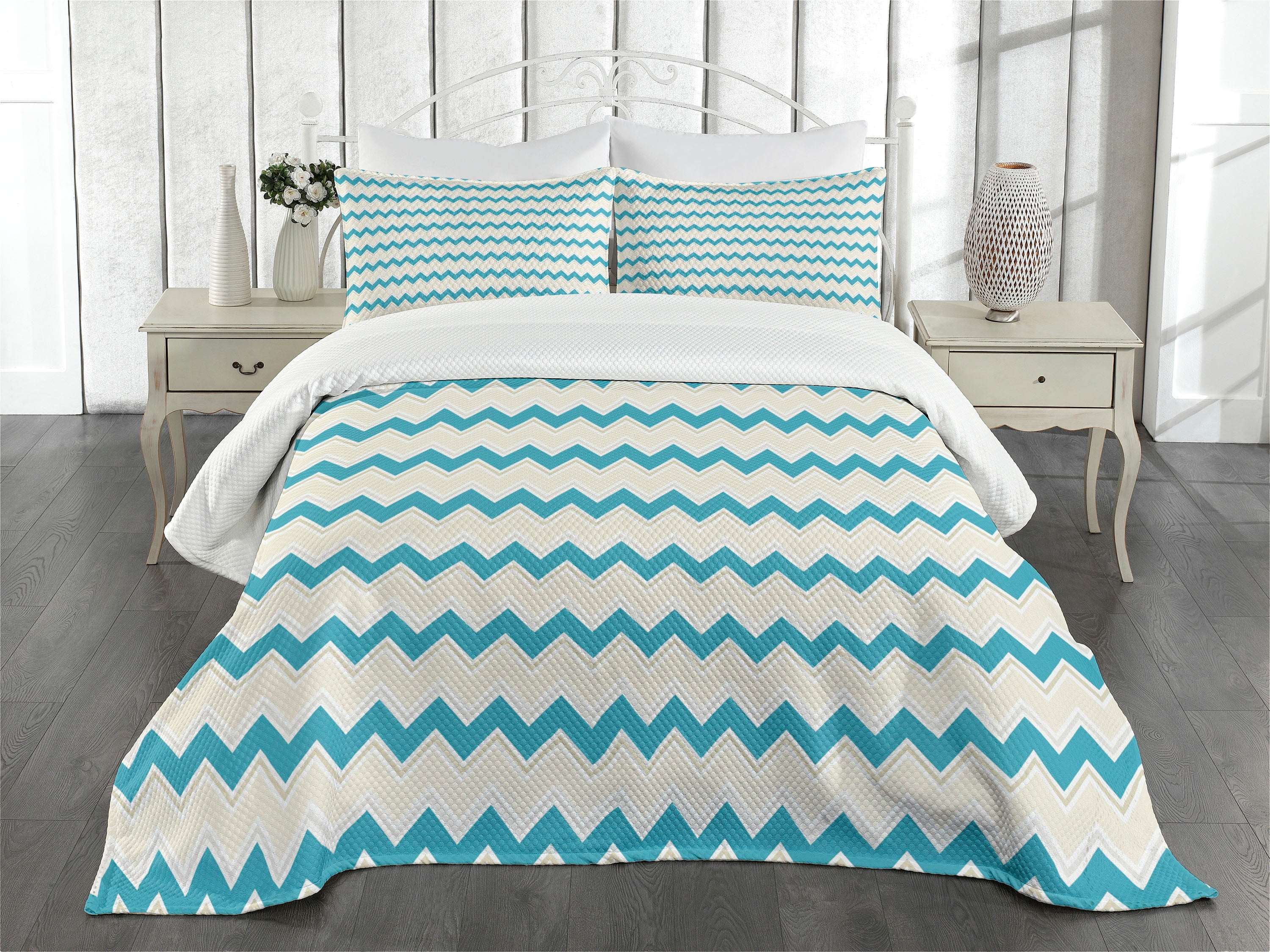 Ambesonne Teal Quilted Bedspread Set 3 Pcs, Zigzag Chevron Classical ...