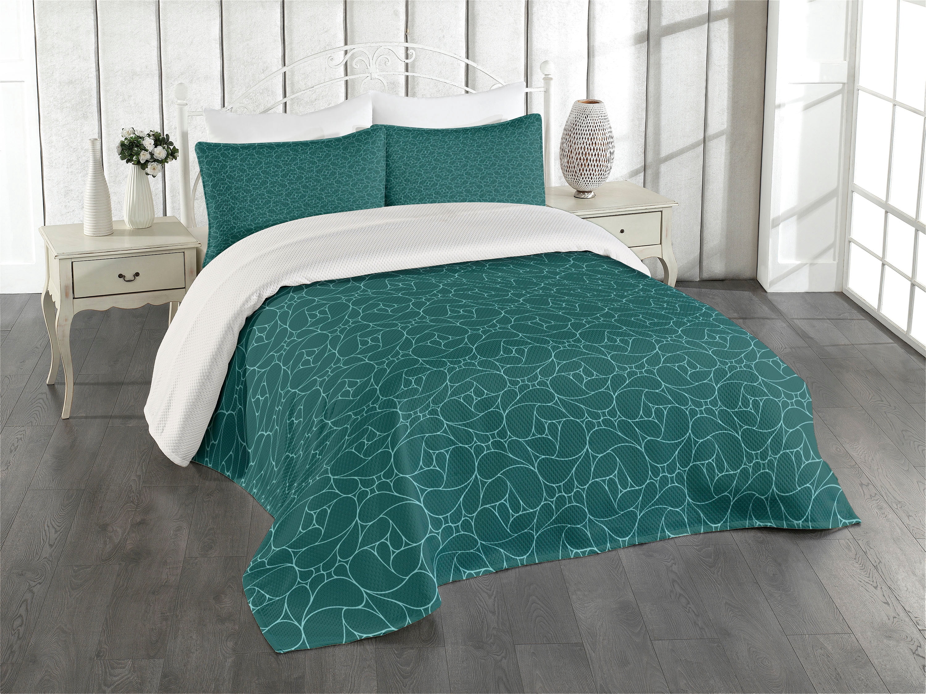 Ambesonne Teal Quilted Coverlet 3 Pcs, Abstract Modern Line Art, Queen ...