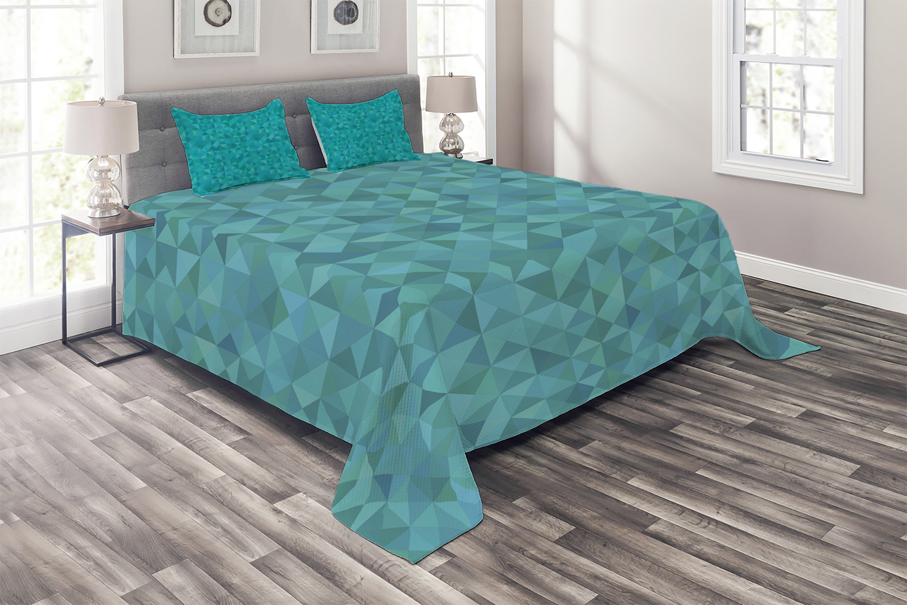 Ambesonne Teal Quilted Coverlet 3 Pcs, Triangles Squares Modern, Queen ...