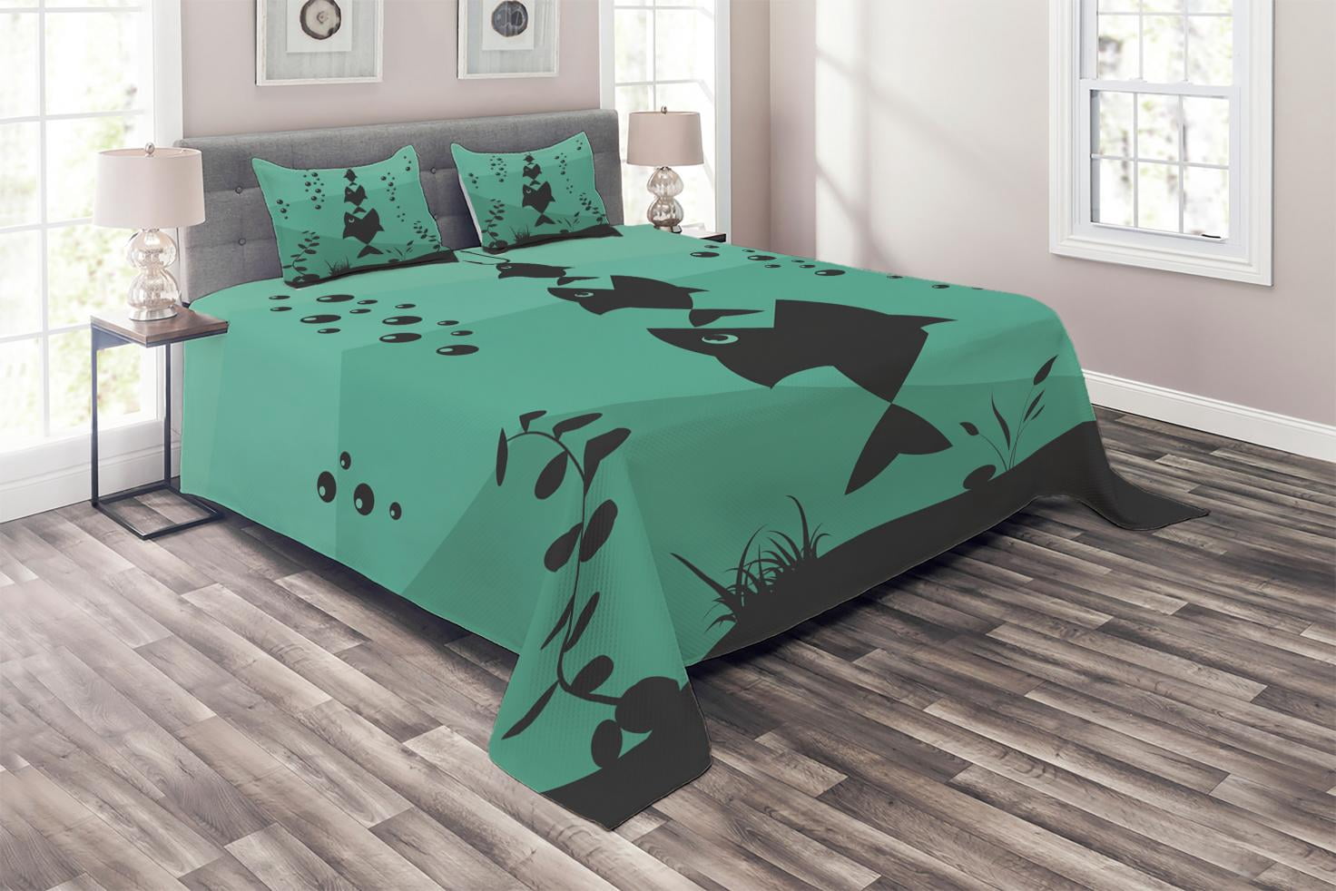 Ambesonne Teal Quilted Coverlet 3 Pcs, Underwater Life Themed, Queen ...