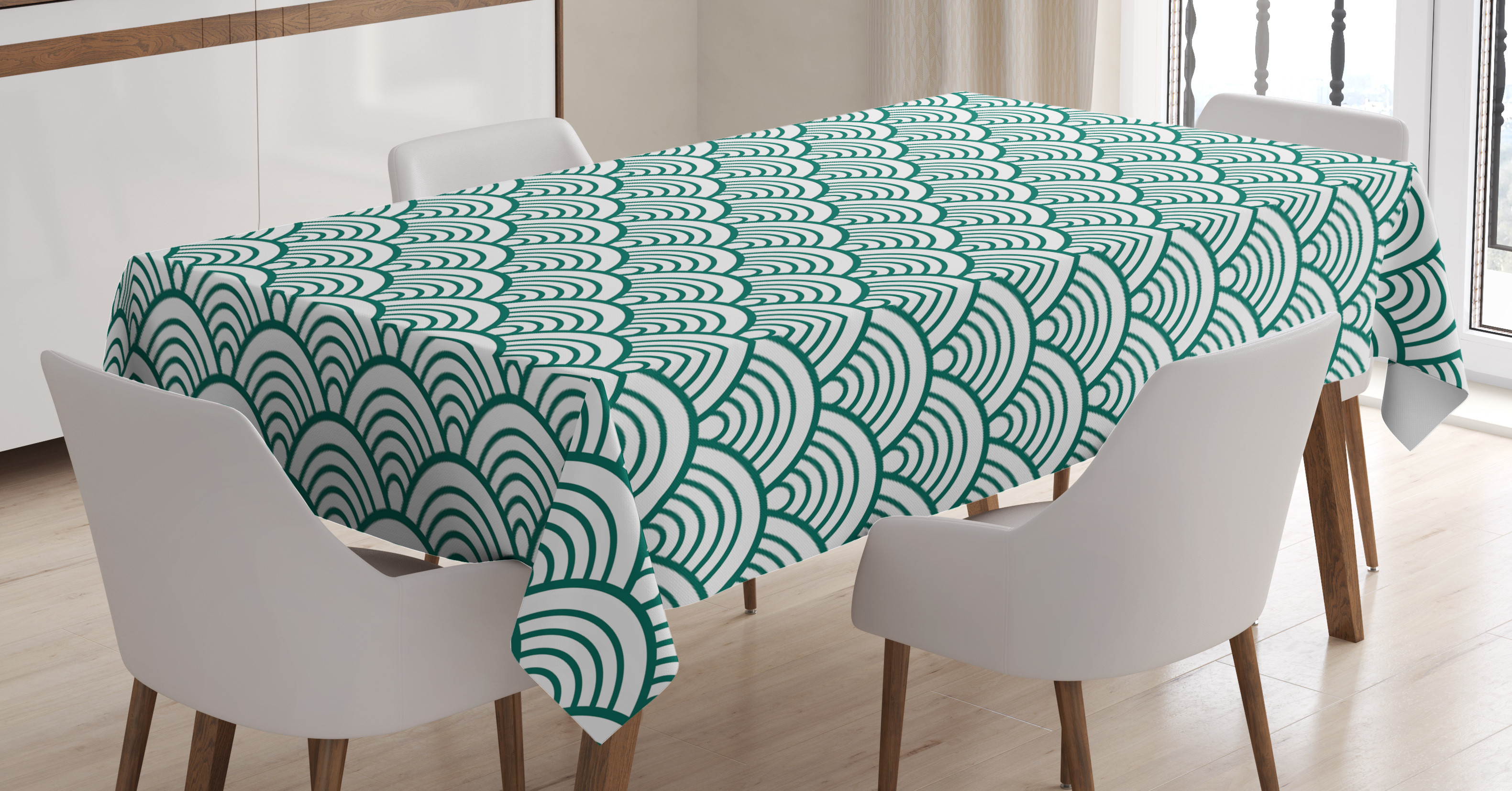 Ambesonne Teal Tablecloth Rectangular Table Cover, Seigaiha Scales, 52 ...