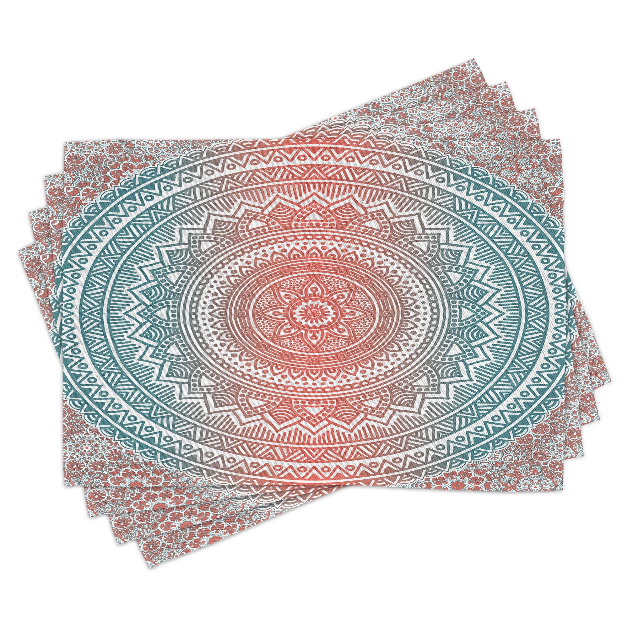 Ambesonne Teal and Coral Place Mats Set of 4, Ombre Effect Mandala ...