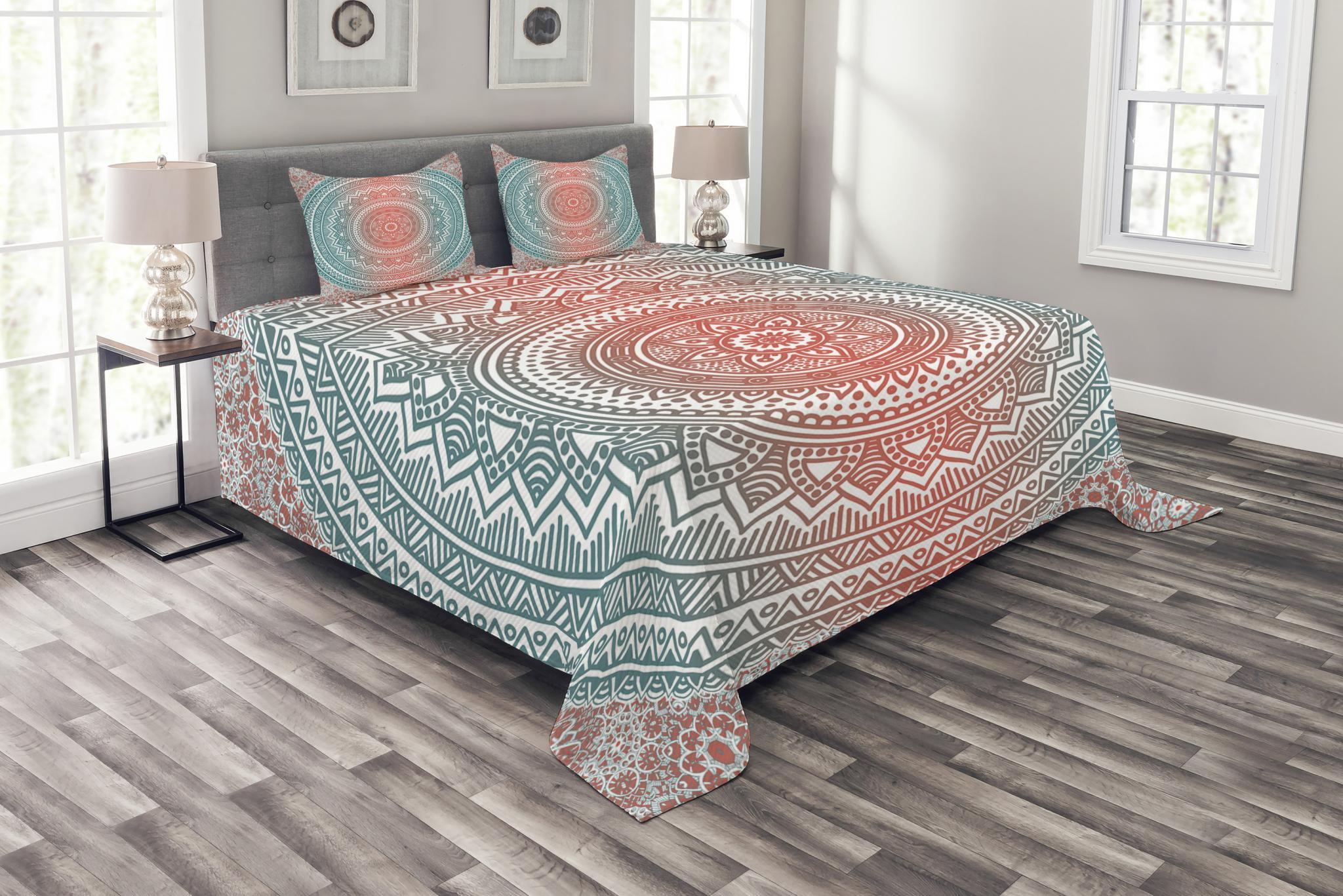 Ambesonne Teal and Coral Quilted Bedspread Set 3 Pcs, Ombre Effect ...