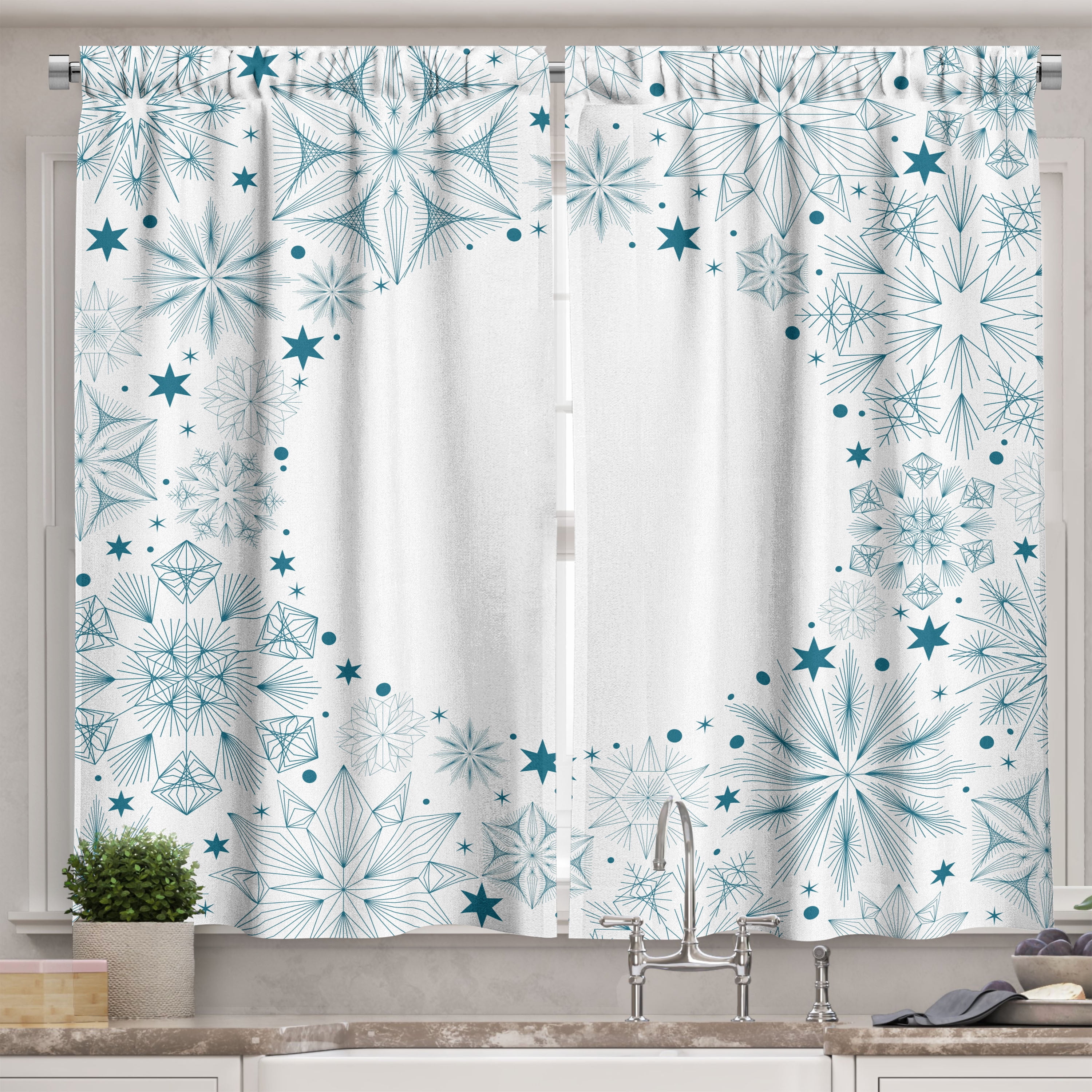Ambesonne Teal and White Kitchen Curtains, Xmas Snowflakes, 55"x39 ...
