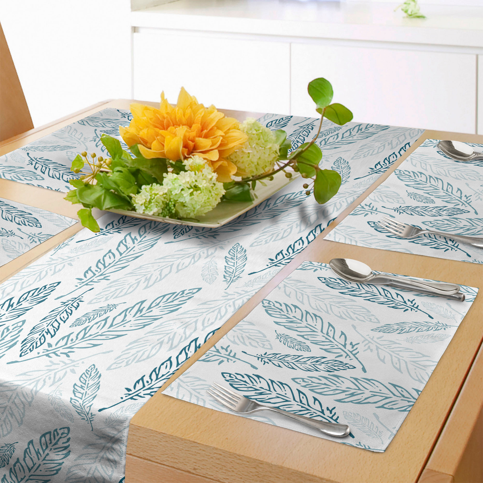 Ambesonne Teal and White Table Runner & Placemats, Grunge Feathers ...
