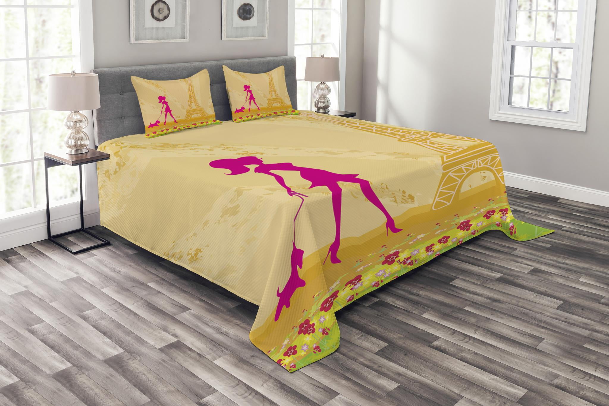 Ambesonne Teen Room Quilted Bedspread Set 3 Pcs, Pink Girl Dog Eiffel ...