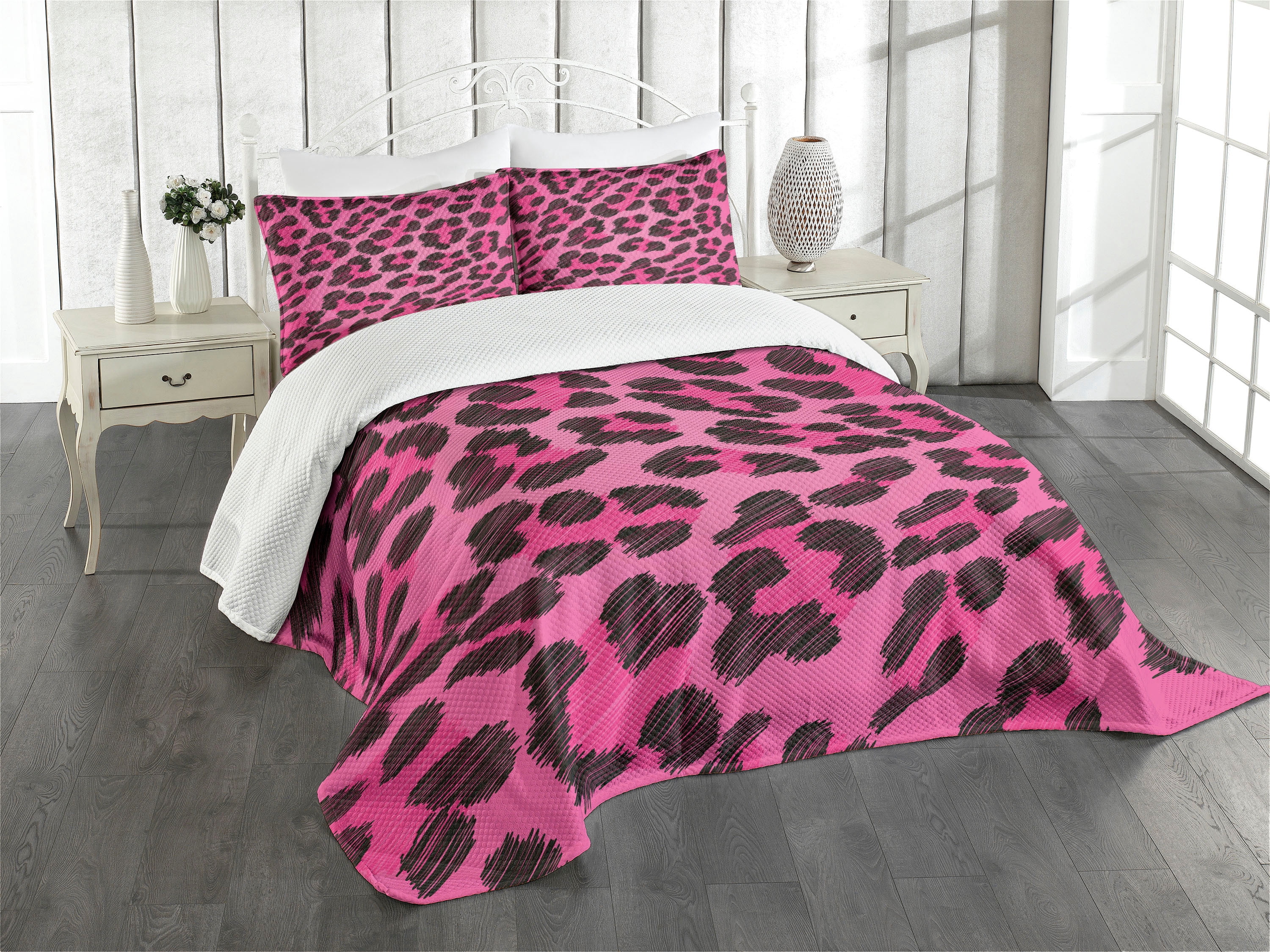 Ambesonne Teen Room Quilted Bedspread Set 3 Pcs, Vibrant Leopard Skin ...