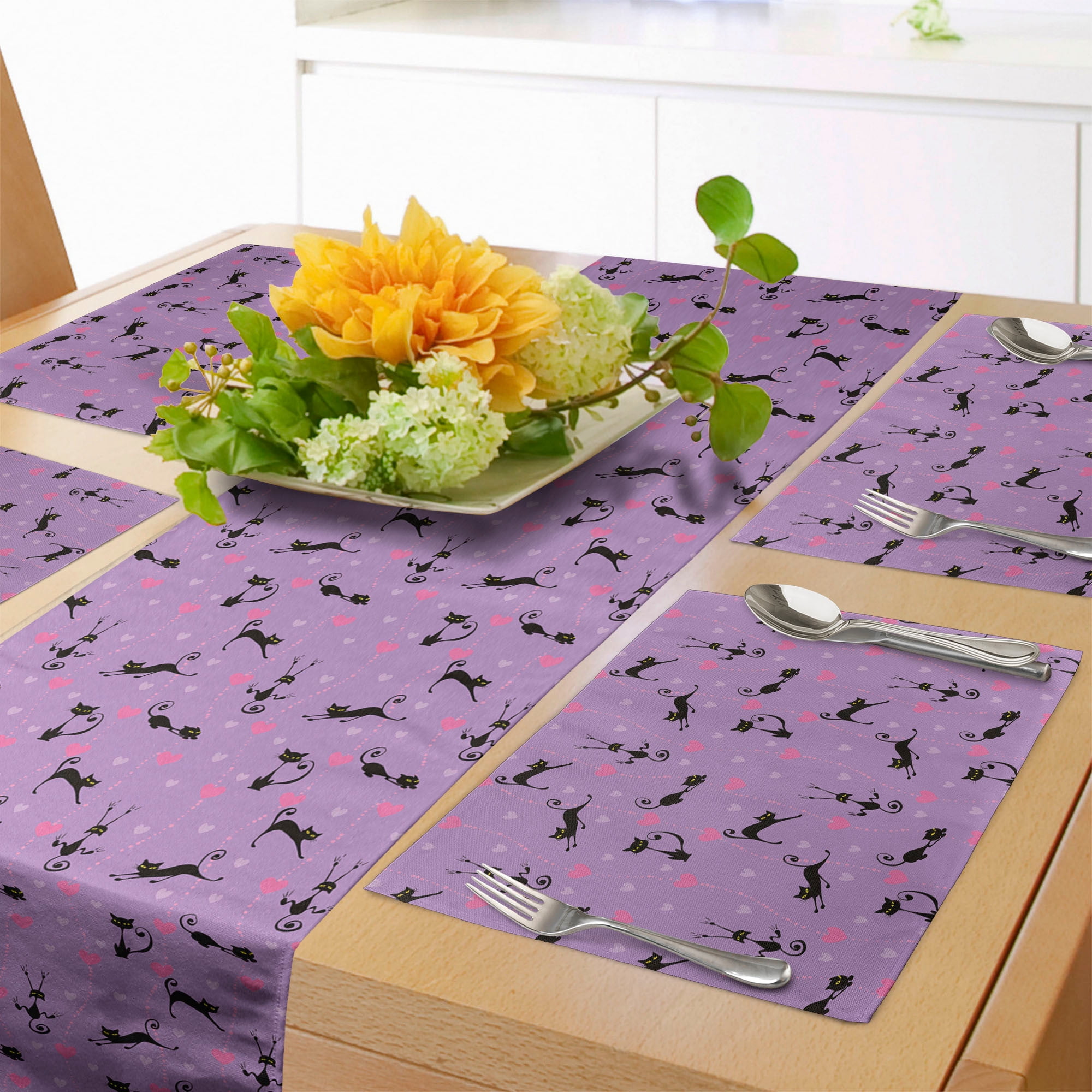 Ambesonne Teen Room Table Runner & Placemats, Little Kittens Hearts ...