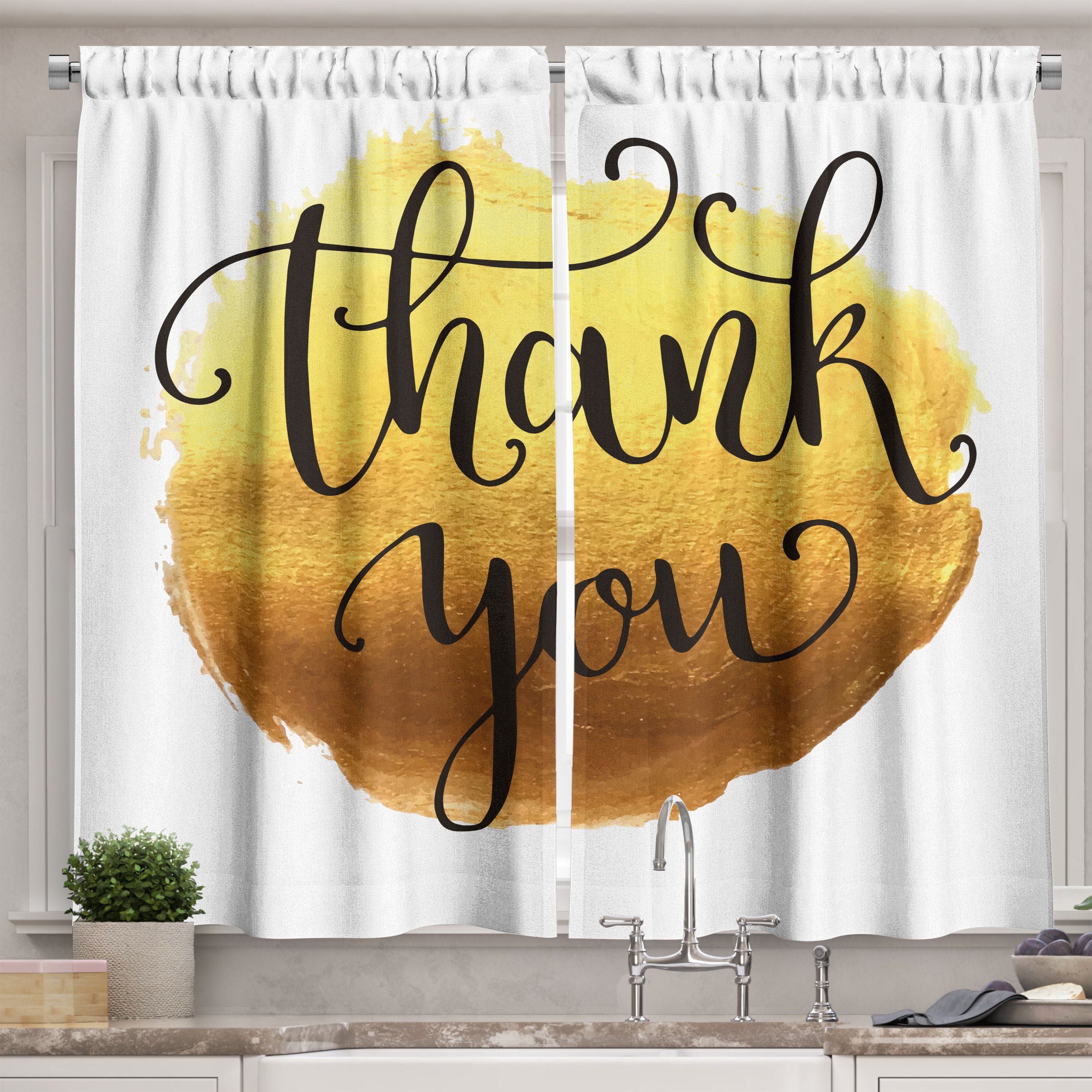 Ambesonne Thank You Kitchen Curtains, Golden Yellow Round Paint, 55"x39 ...