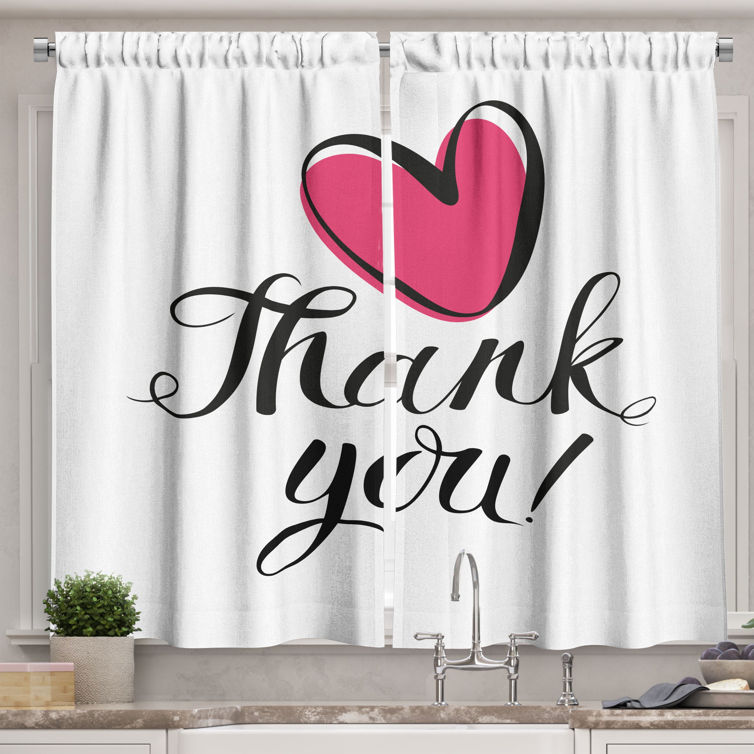 Ambesonne Thank You Kitchen Curtains, Heart in Bold Love Doodle, 55"x39 ...