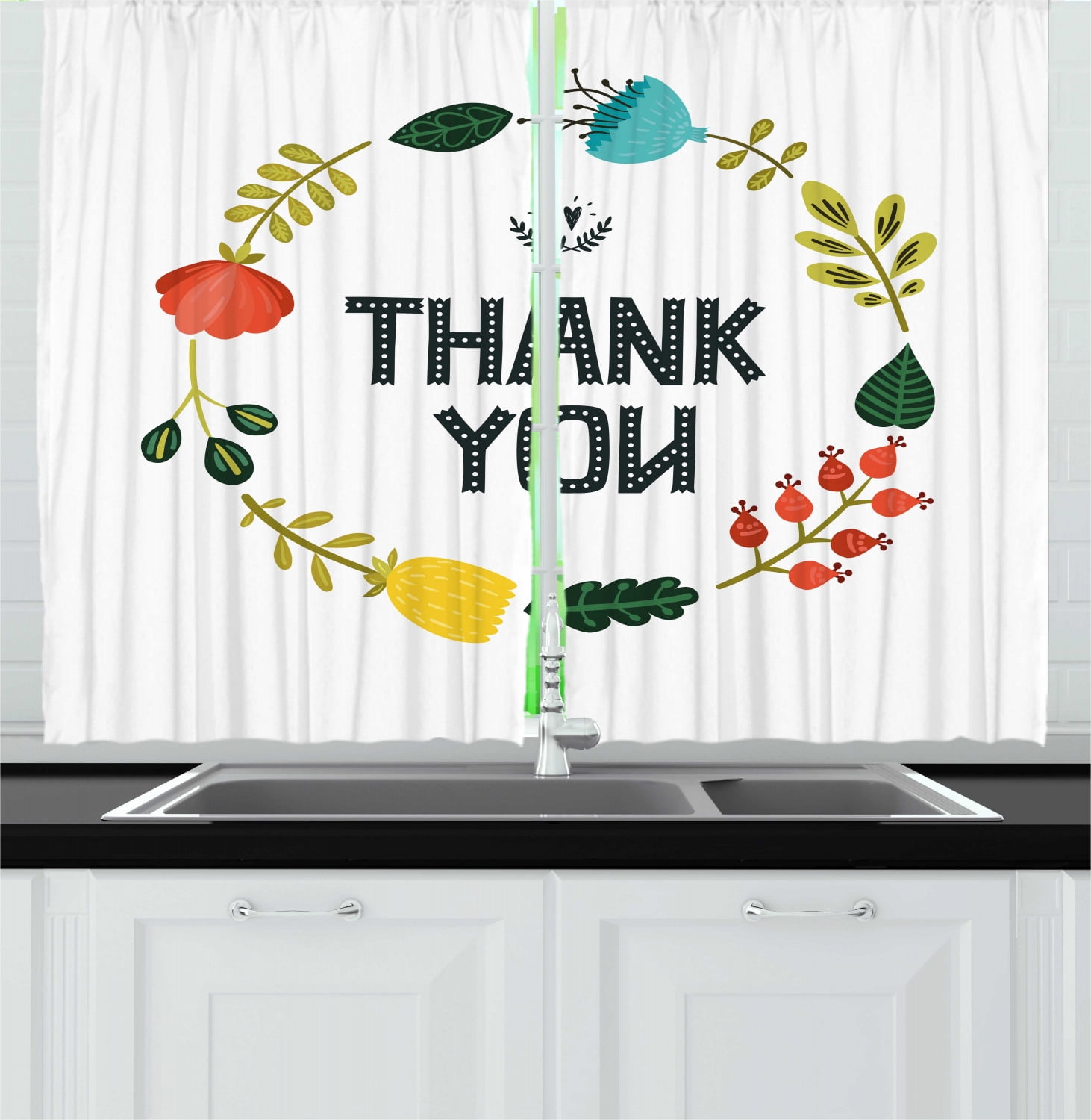 Ambesonne Thank You Kitchen Curtains, Typography Floral Wreath, 55"x39 ...