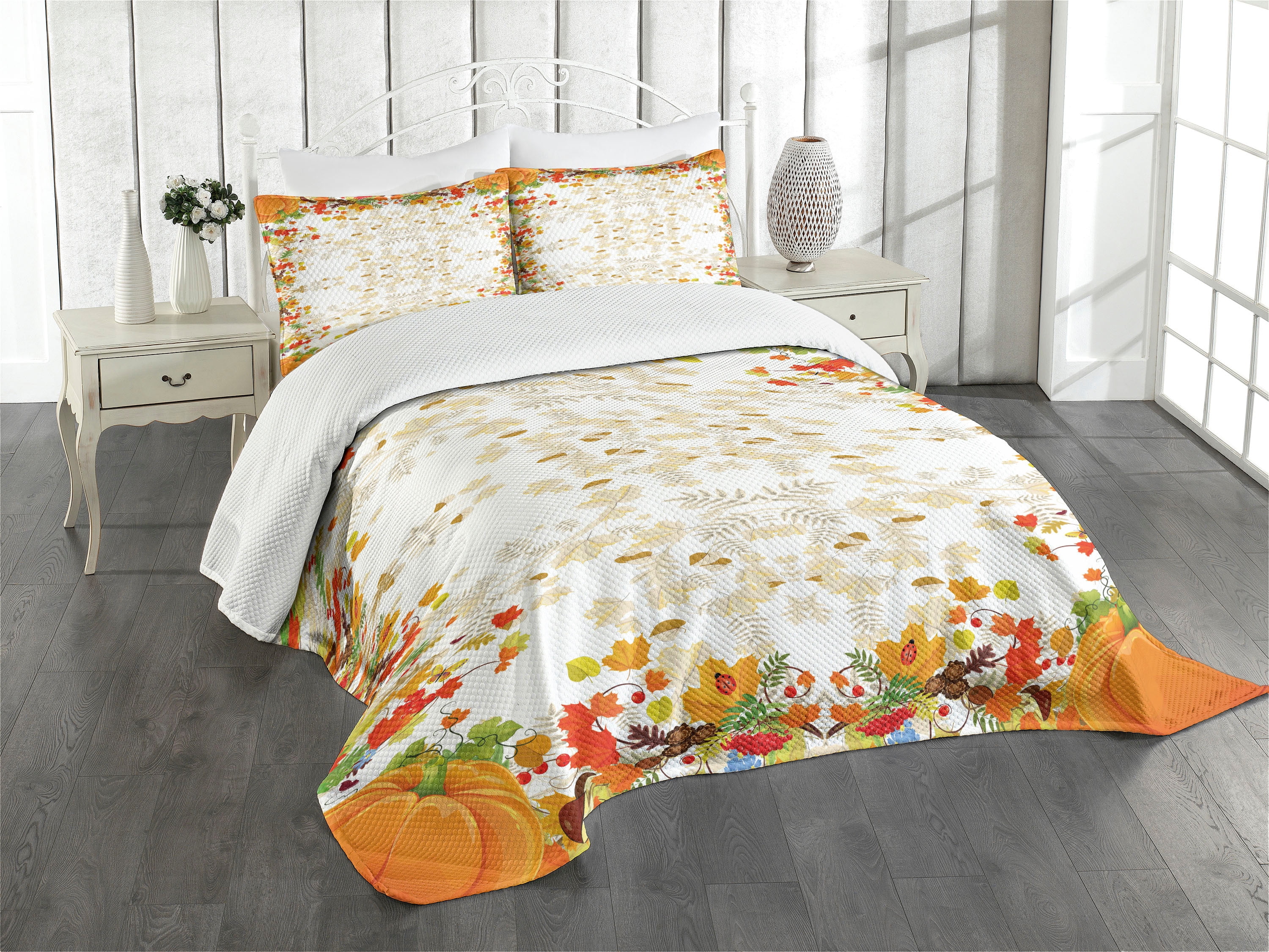 Ambesonne Thanksgiving Quilted Bedspread Set 3 Pcs, Maple Leaf Woods ...