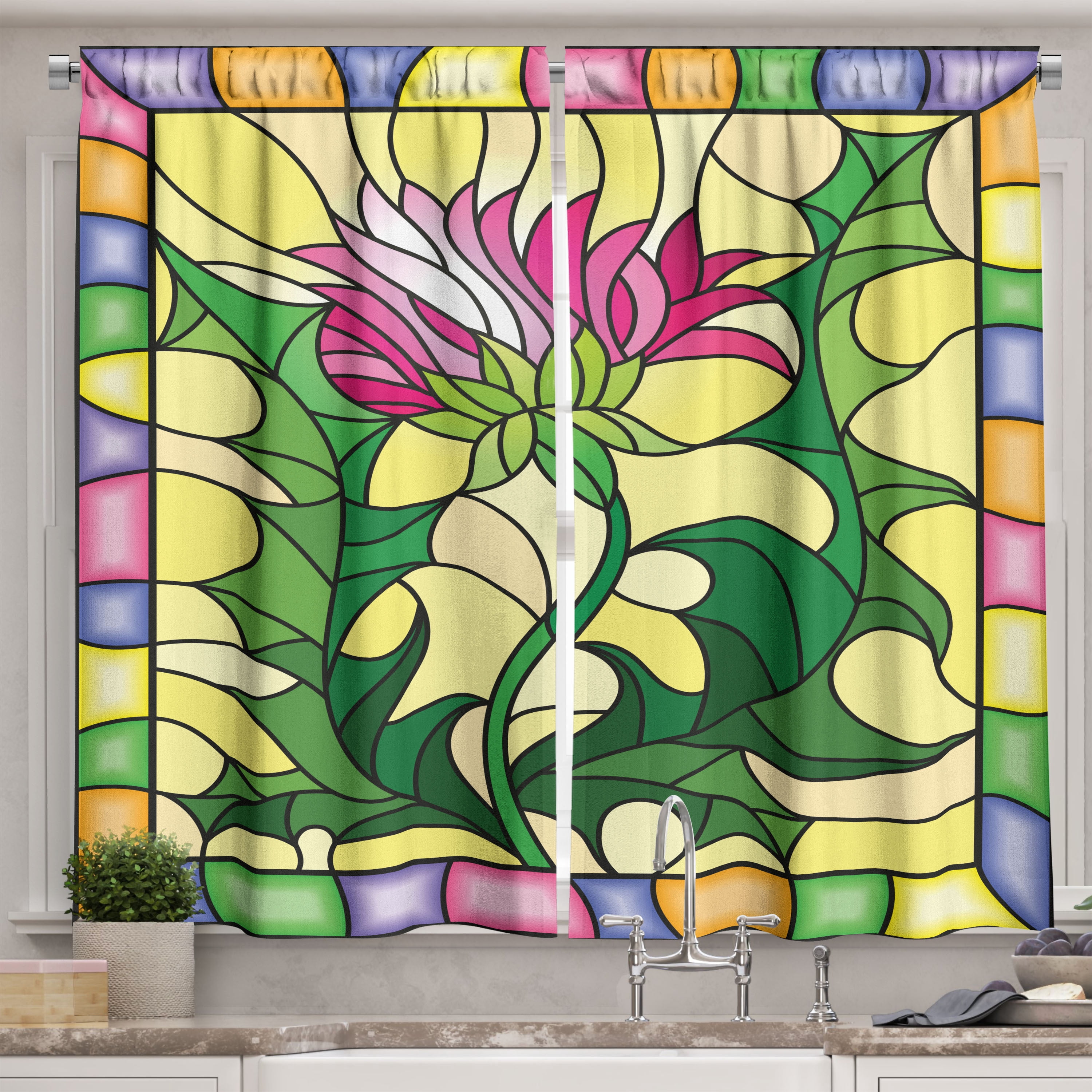 Ambesonne Thistle Kitchen Curtains, Stained Glass Style, 55"x39 ...