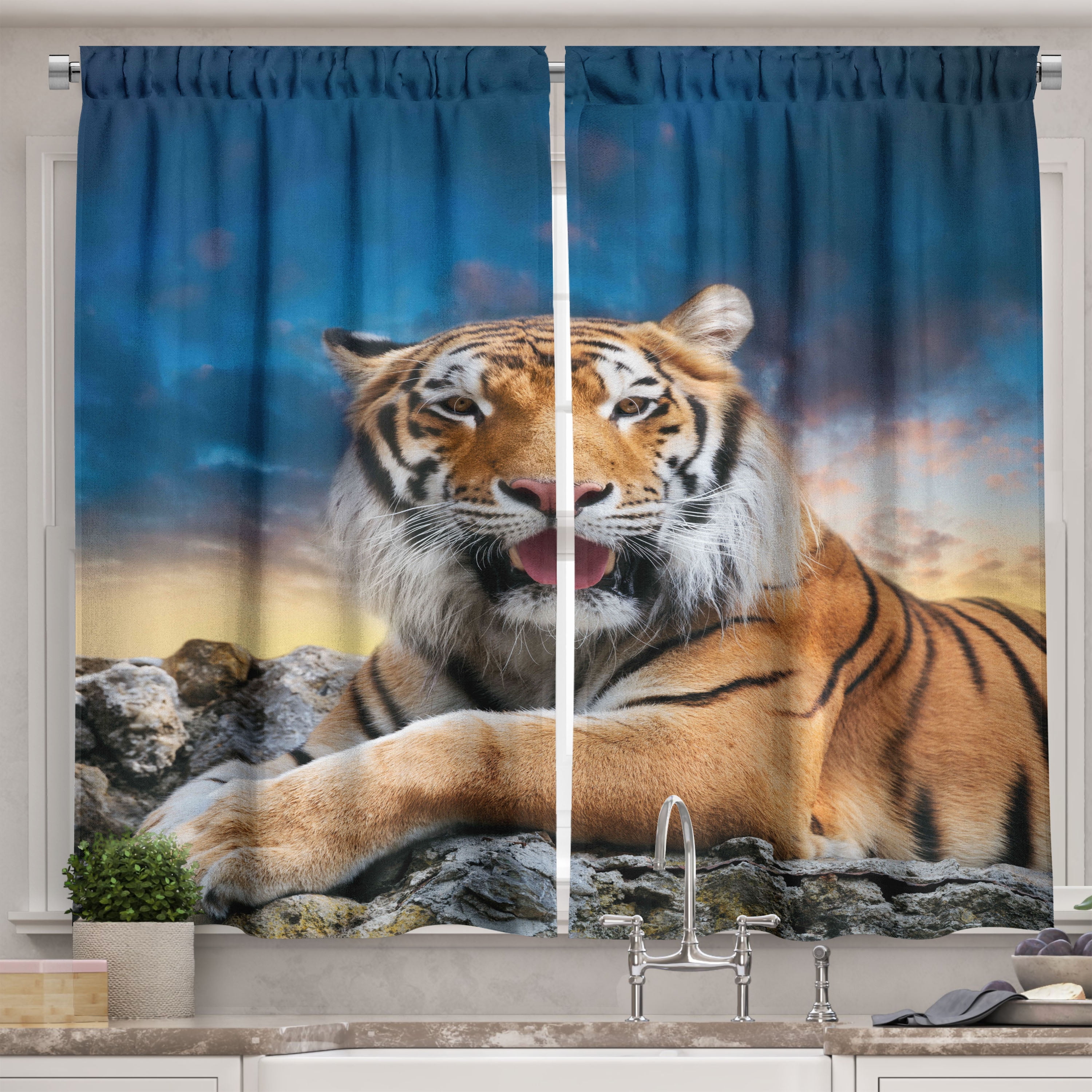 Ambesonne Tiger Kitchen Curtains, Calm Wild Animal Sunset, 55"x39 ...