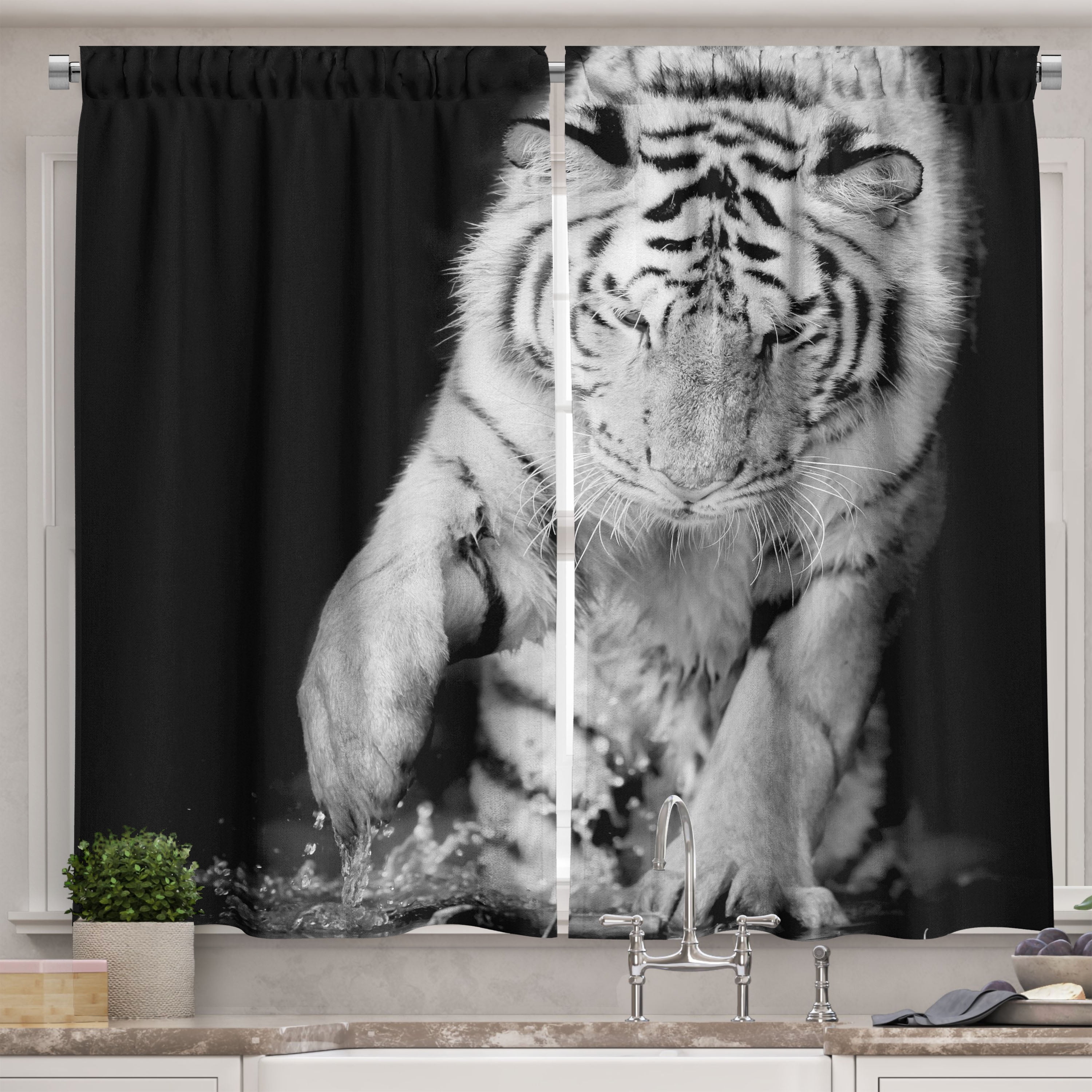 Ambesonne Tiger Kitchen Curtains, Large Cat Plays in Water, 55"x39 ...