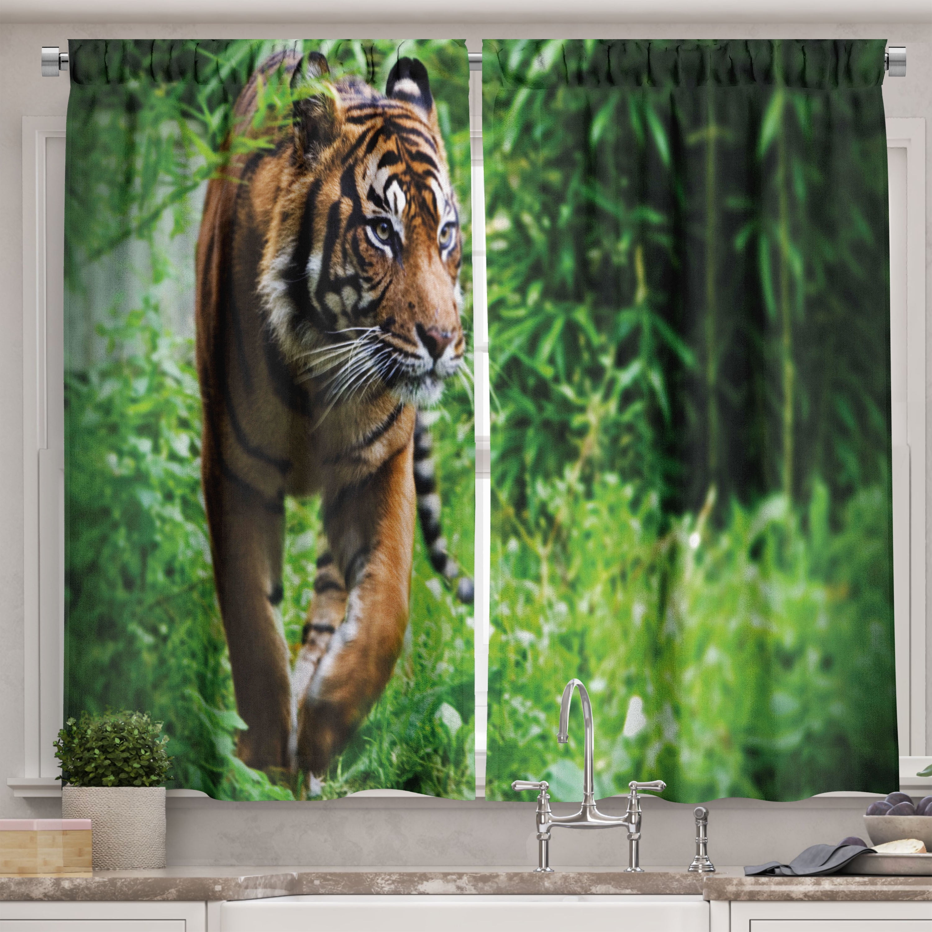 Ambesonne Tiger Kitchen Curtains, Siberian Wild Cat Habitat, 55"x39 ...