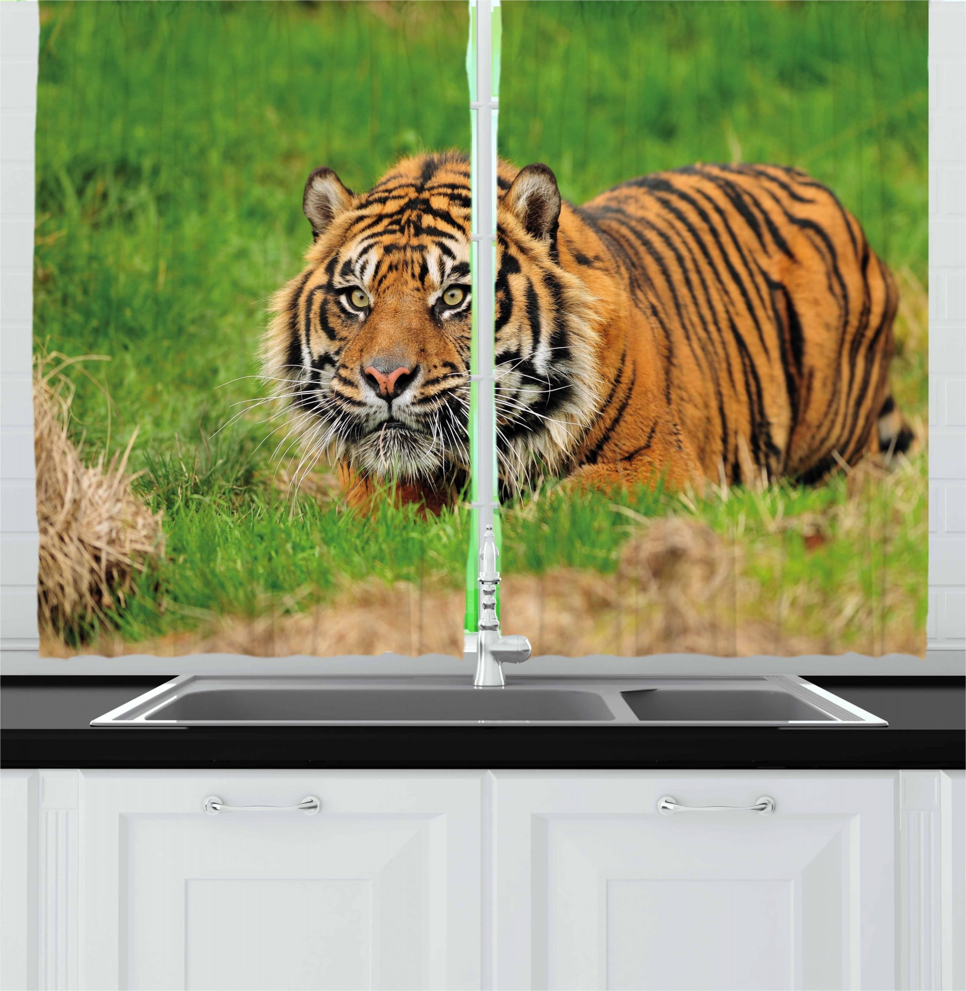 Ambesonne Tiger Kitchen Curtains, Sumatran Feline Ambush, 55"x45 ...