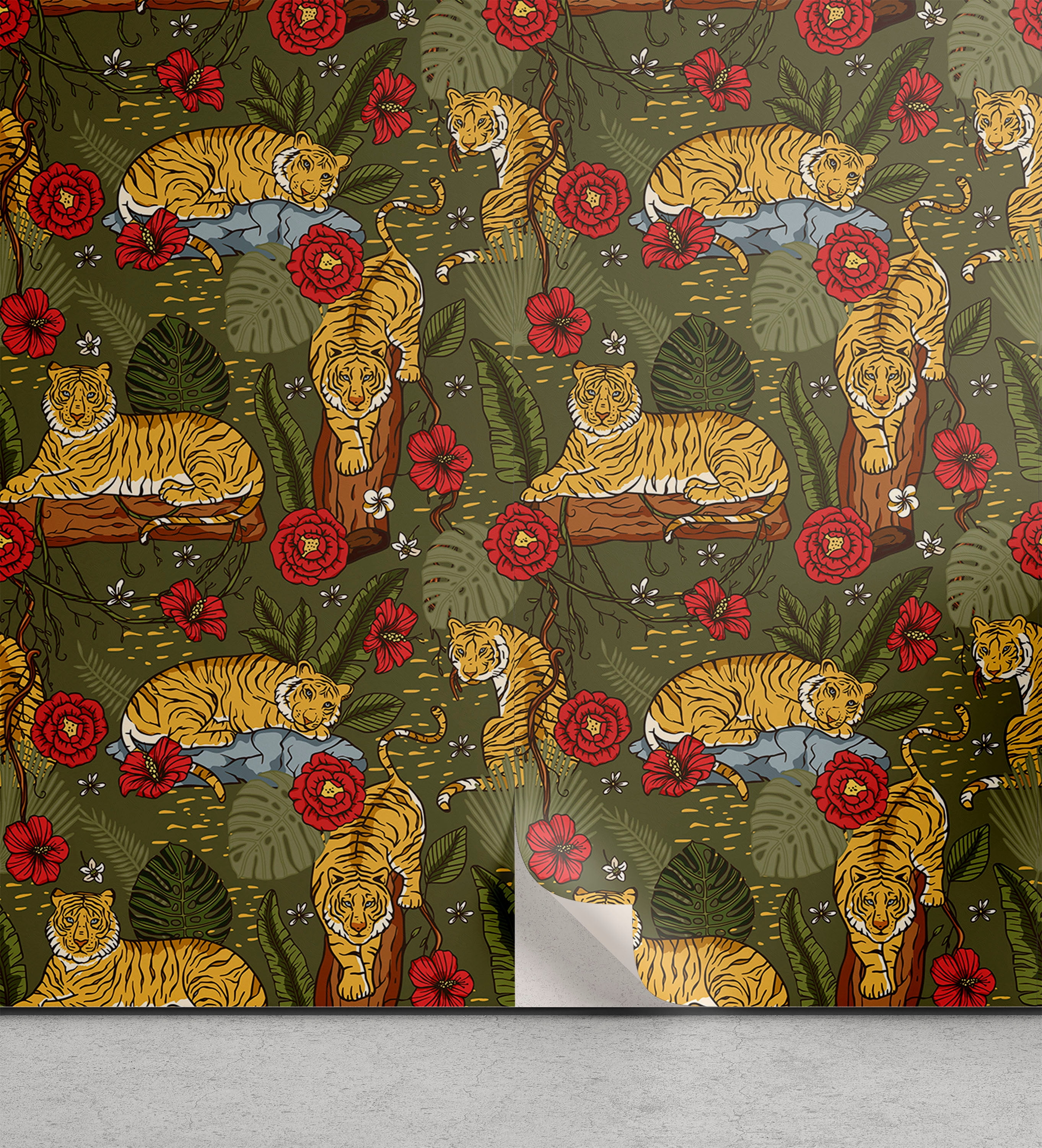 Ambesonne Tiger Peel & Stick Wallpaper for Home, Hibiscus Flowers and ...