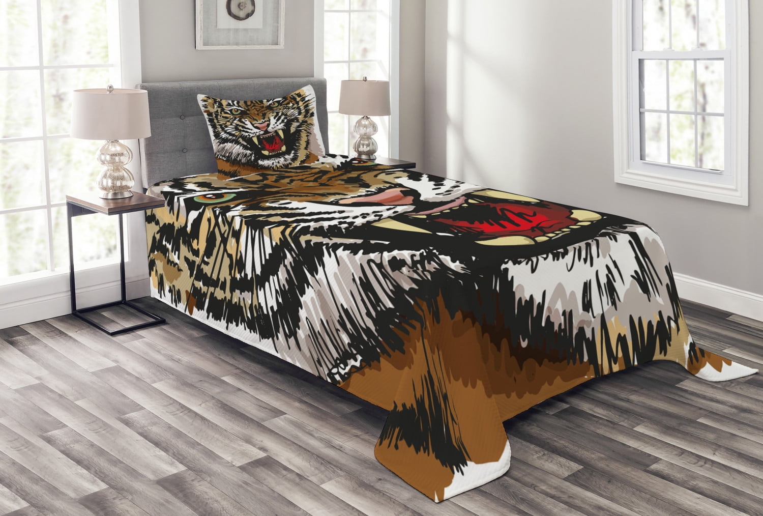 Ambesonne Tiger Quilted Bedspread Set 2 Pcs, Angry Eyes Sketch Art ...