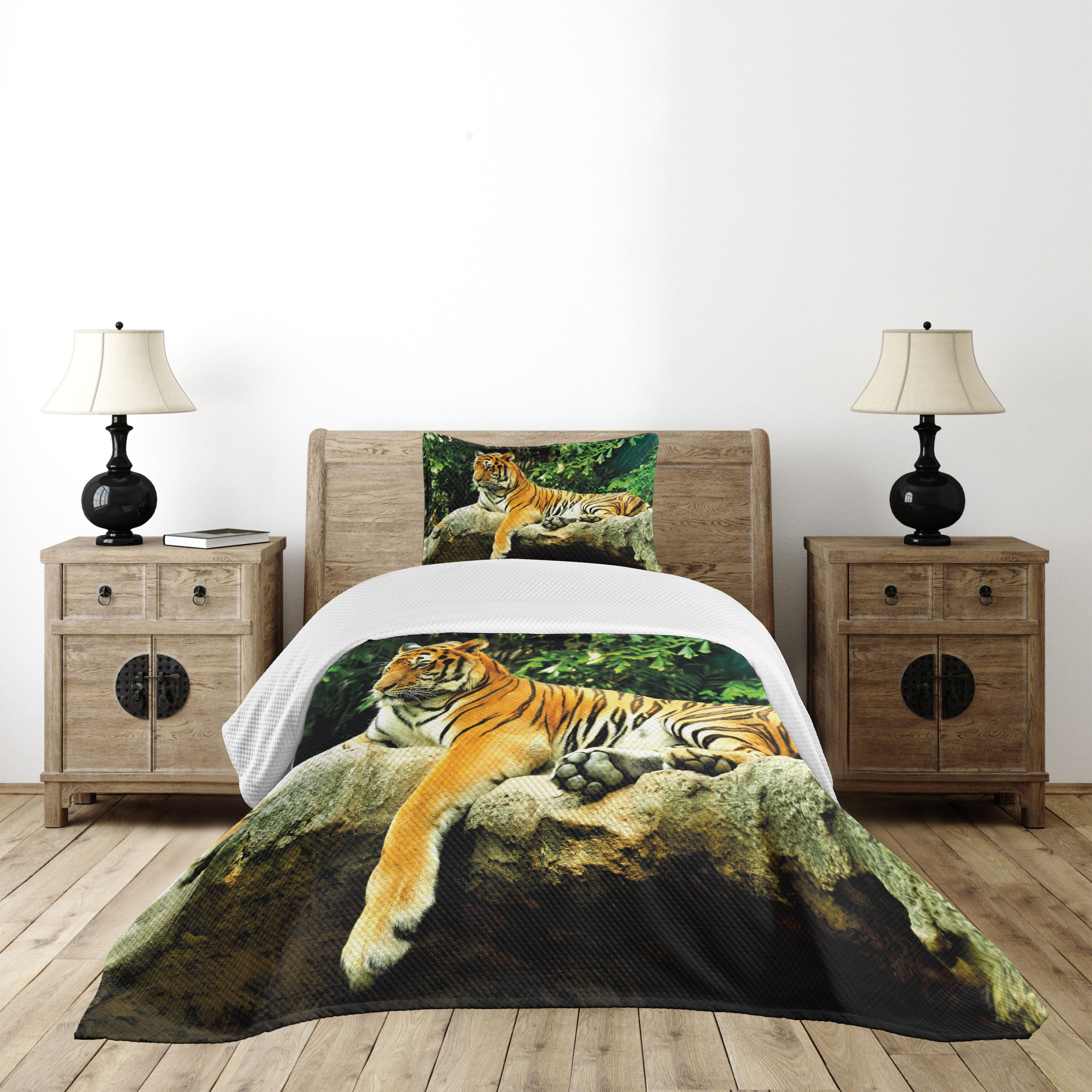 Ambesonne Tiger Quilted Bedspread Set 2 Pcs, Big Cat Resting in Forest ...