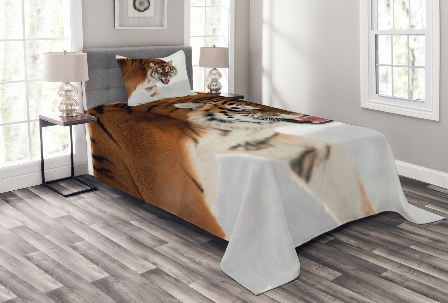 Ambesonne Tiger Quilted Bedspread Set 2 Pcs, Panthera on Snow Close ...