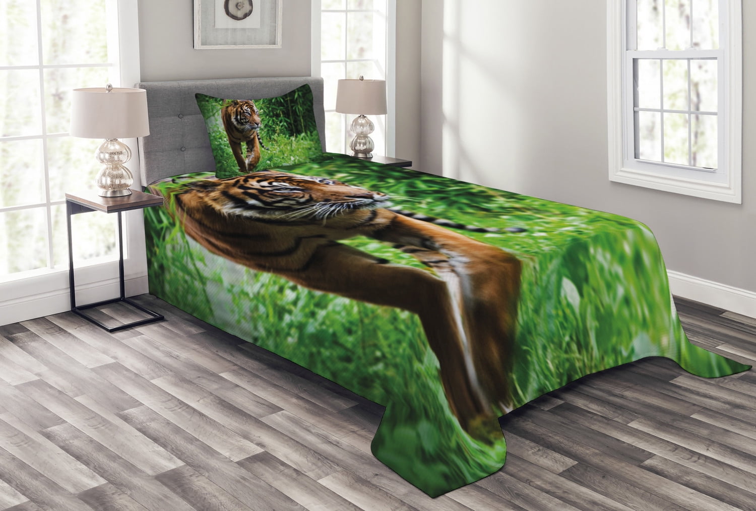 Ambesonne Tiger Quilted Bedspread Set 2 Pcs, Siberian Wild Cat Habitat ...