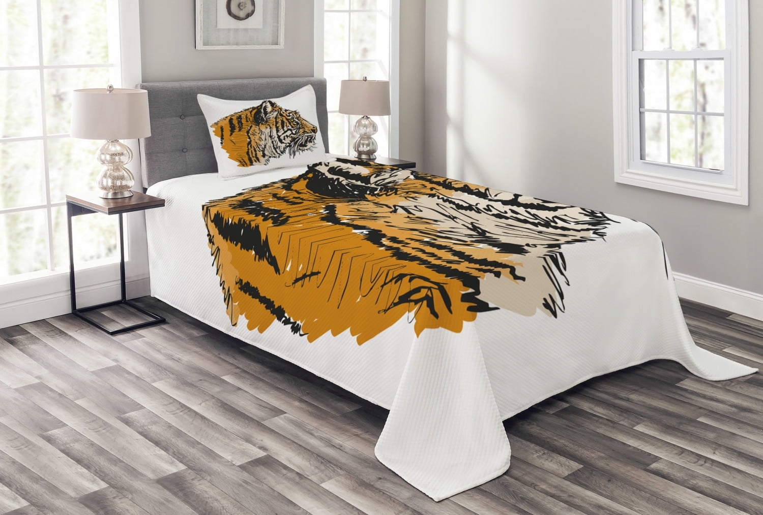 Ambesonne Tiger Quilted Bedspread Set 2 Pcs, Sketch Bengal Carnivore ...
