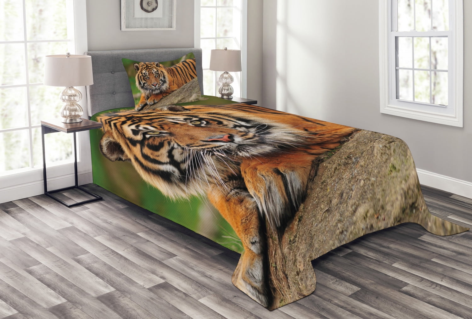 Ambesonne Tiger Quilted Bedspread Set 2 Pcs, Tiger Crouching on Rock ...