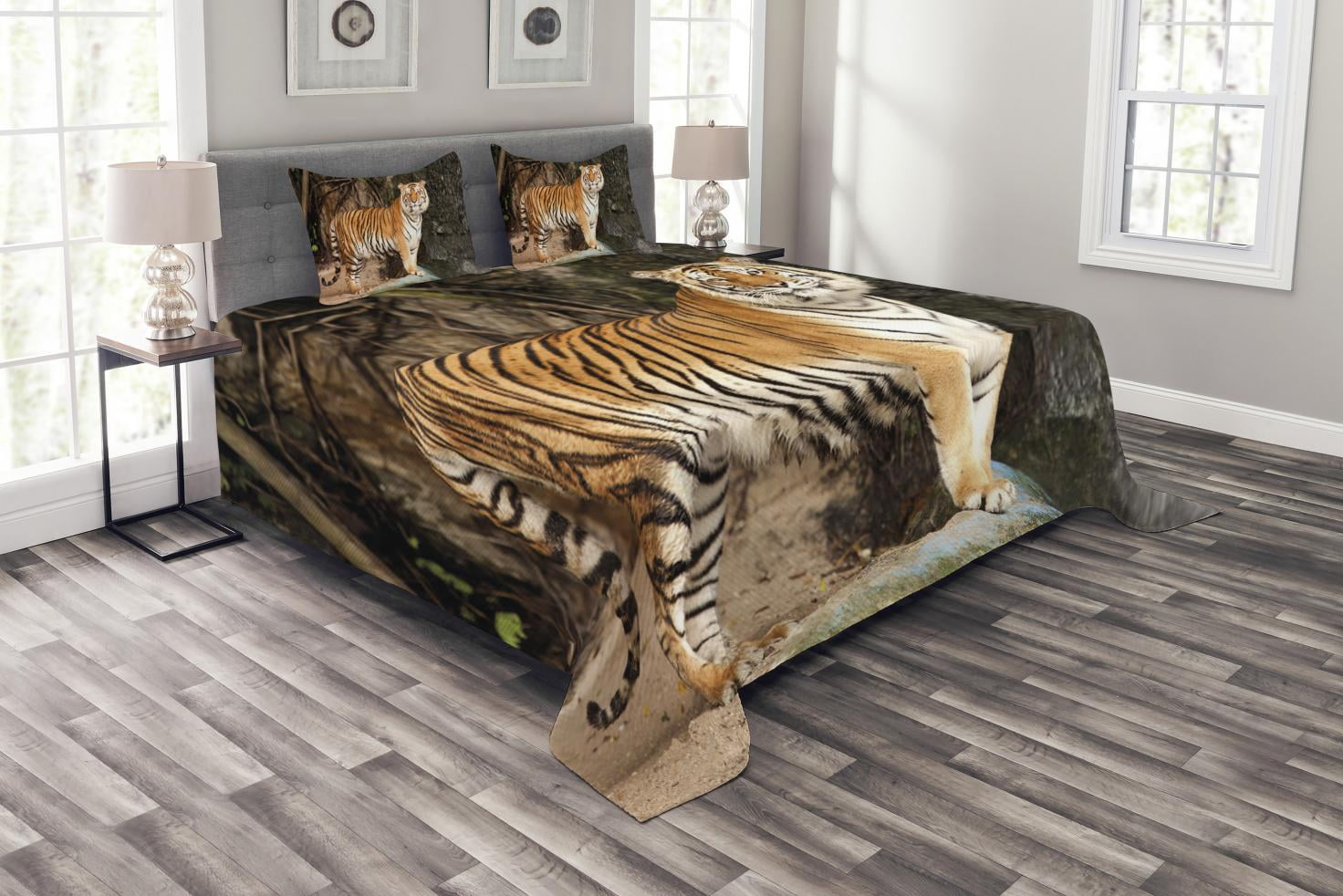 Ambesonne Tiger Quilted Bedspread Set 3 Pcs, Alert Angry Royal Feline ...