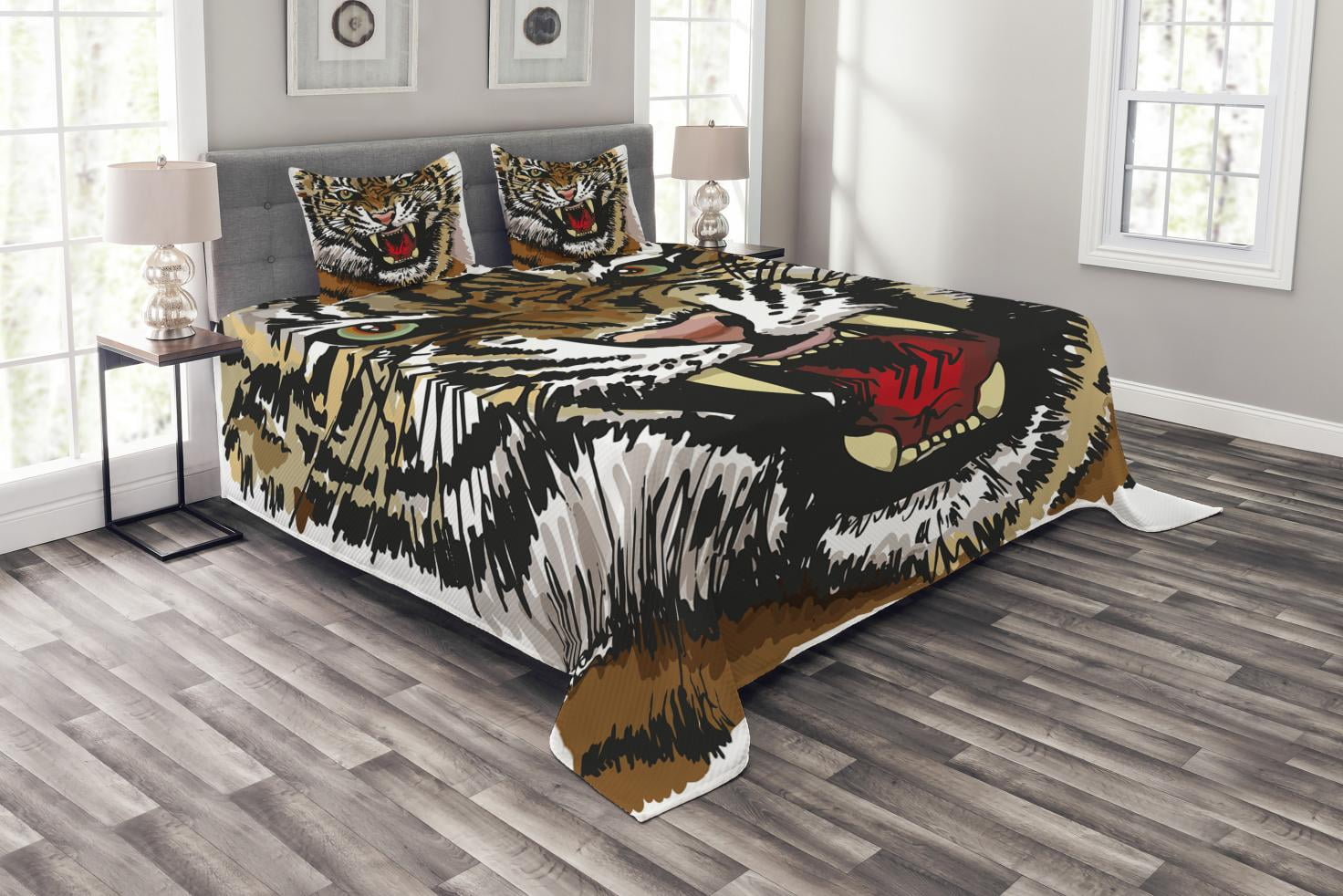 Ambesonne Tiger Quilted Bedspread Set 3 Pcs, Angry Eyes Sketch Art ...