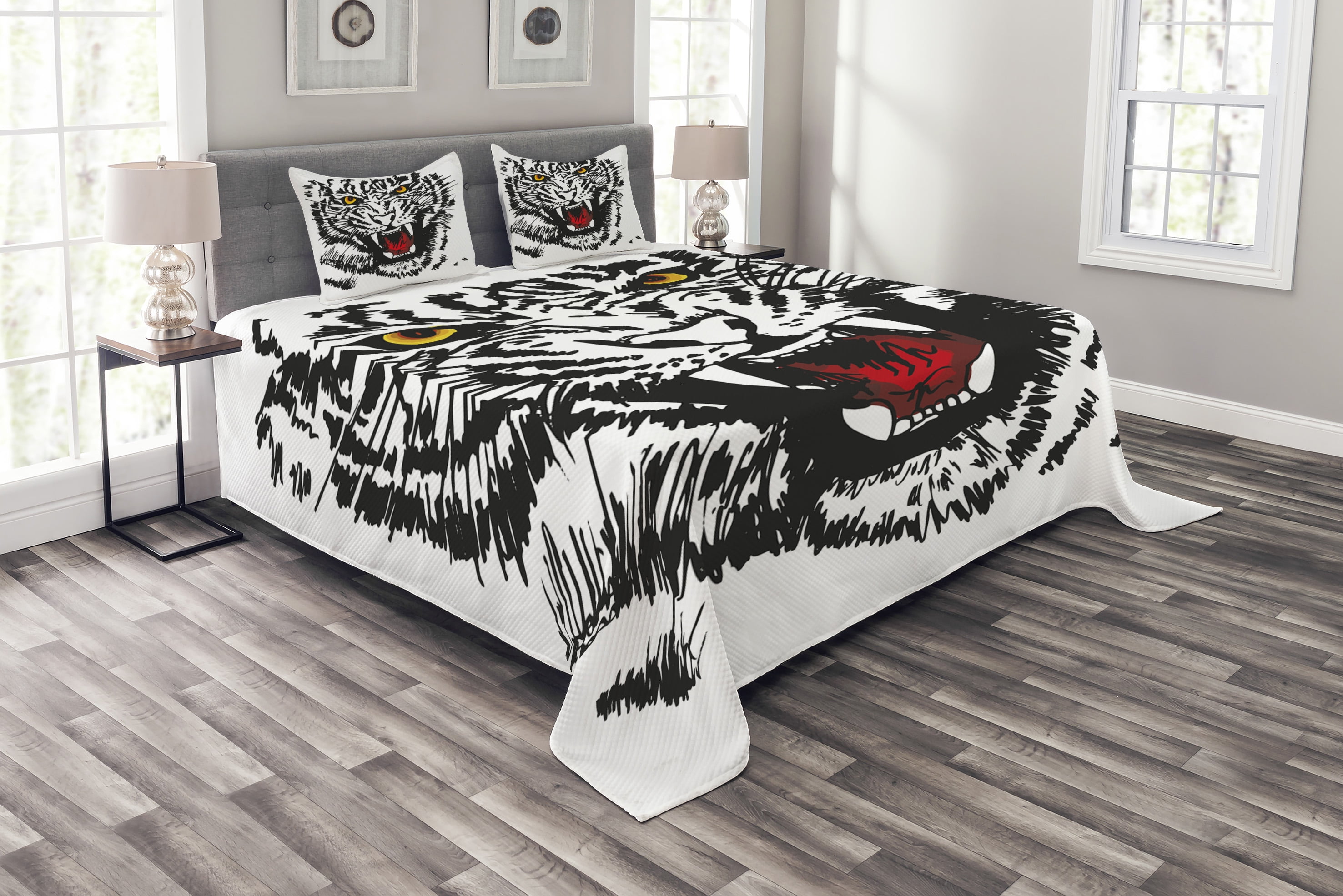 Ambesonne Tiger Quilted Bedspread Set 3 Pcs, Angry Feline Vivid Eyes ...