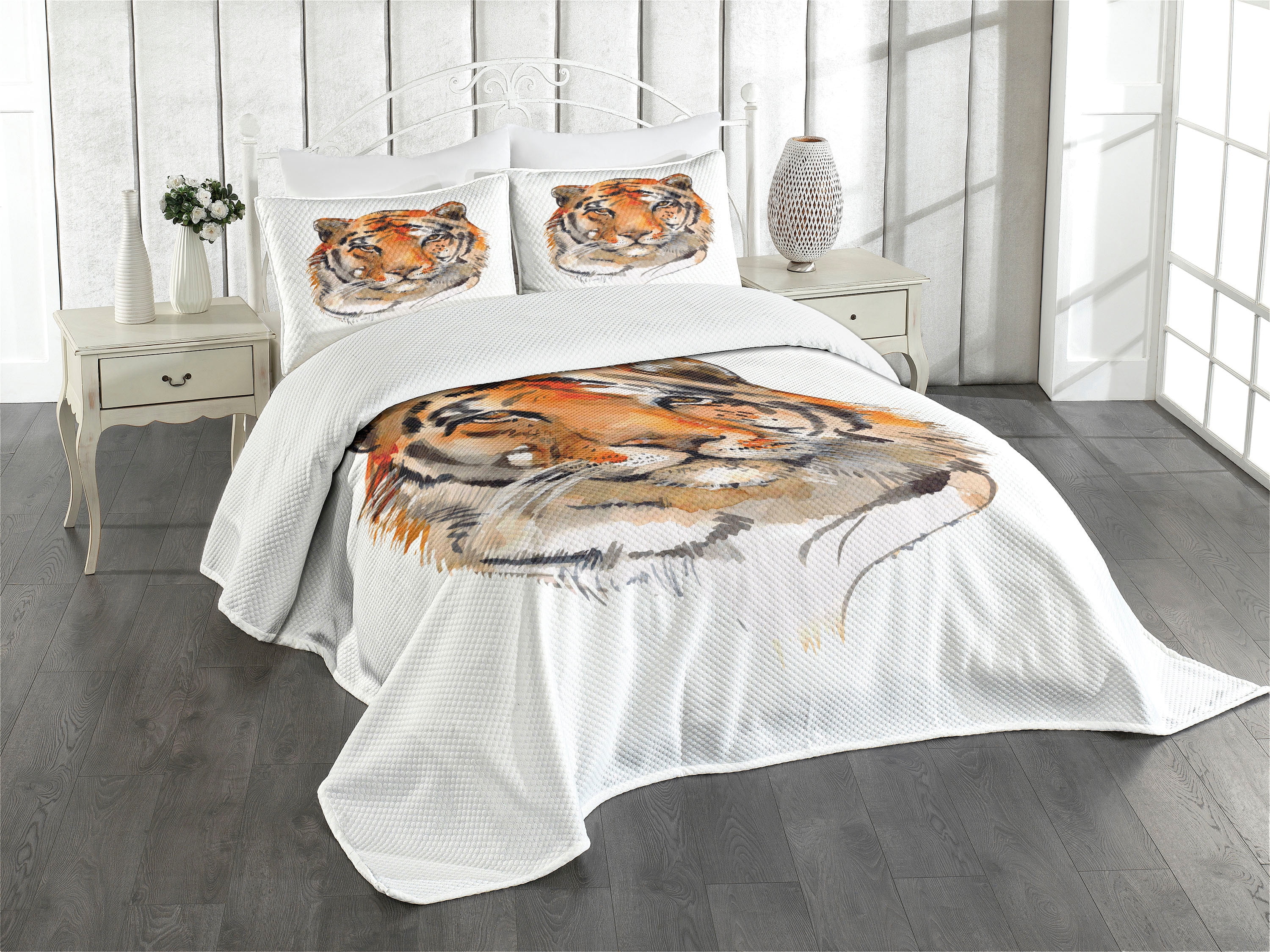 Ambesonne Tiger Quilted Bedspread Set 3 Pcs, Calm Stare Watercolor Art ...