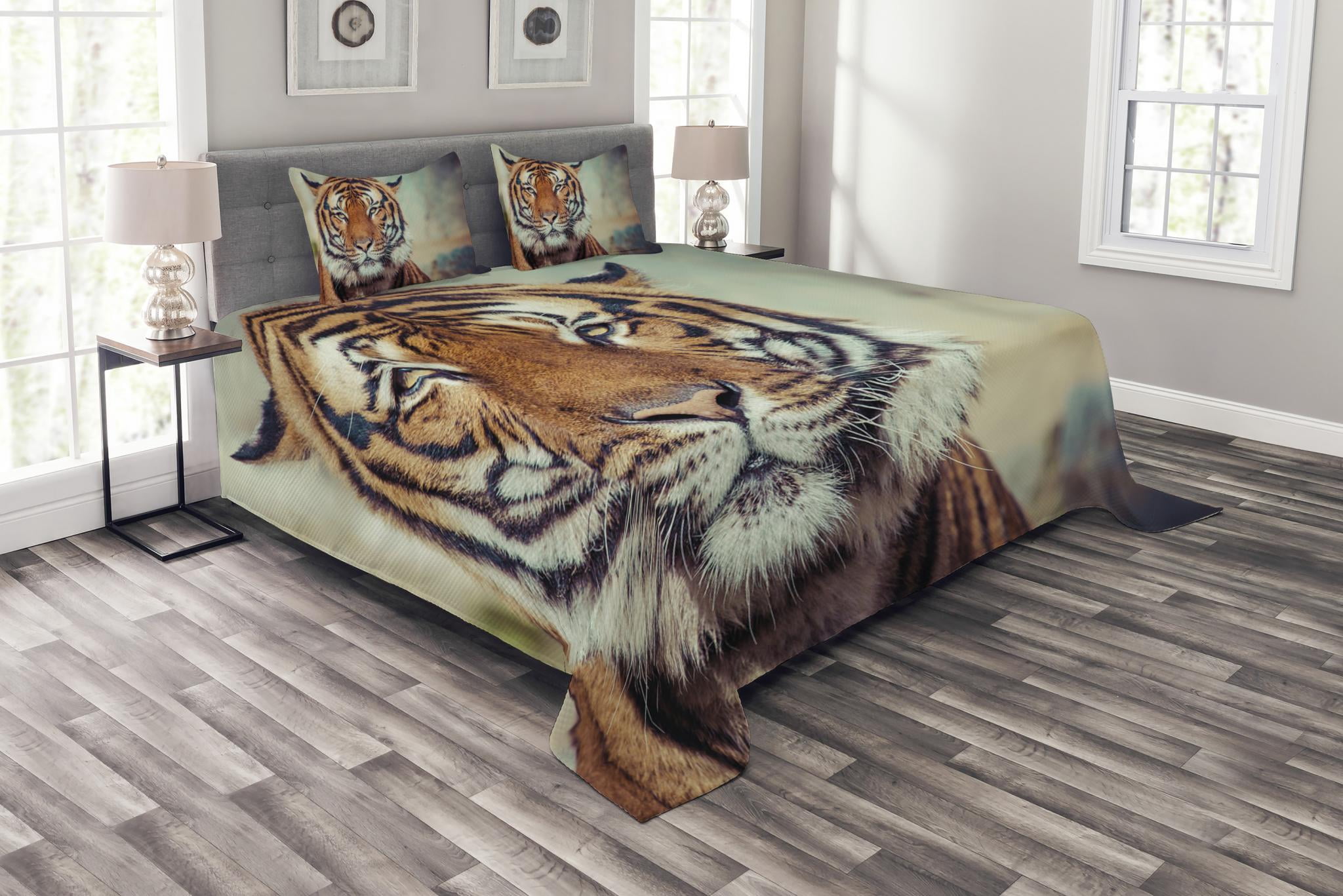 Ambesonne Tiger Quilted Bedspread Set 3 Pcs, Large Calm Wild Cat Blur ...