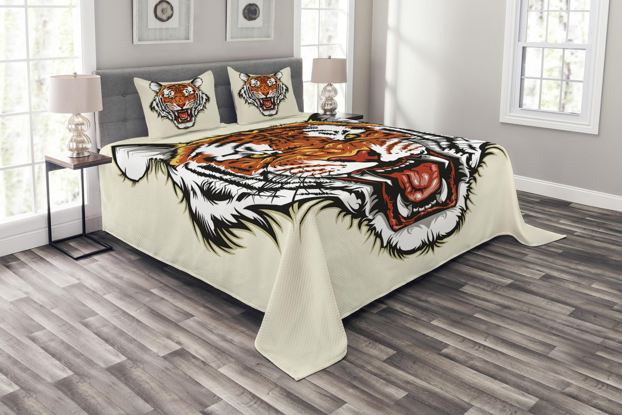 Ambesonne Tiger Quilted Bedspread Set 3 Pcs, Ready to Attack in Jungle ...