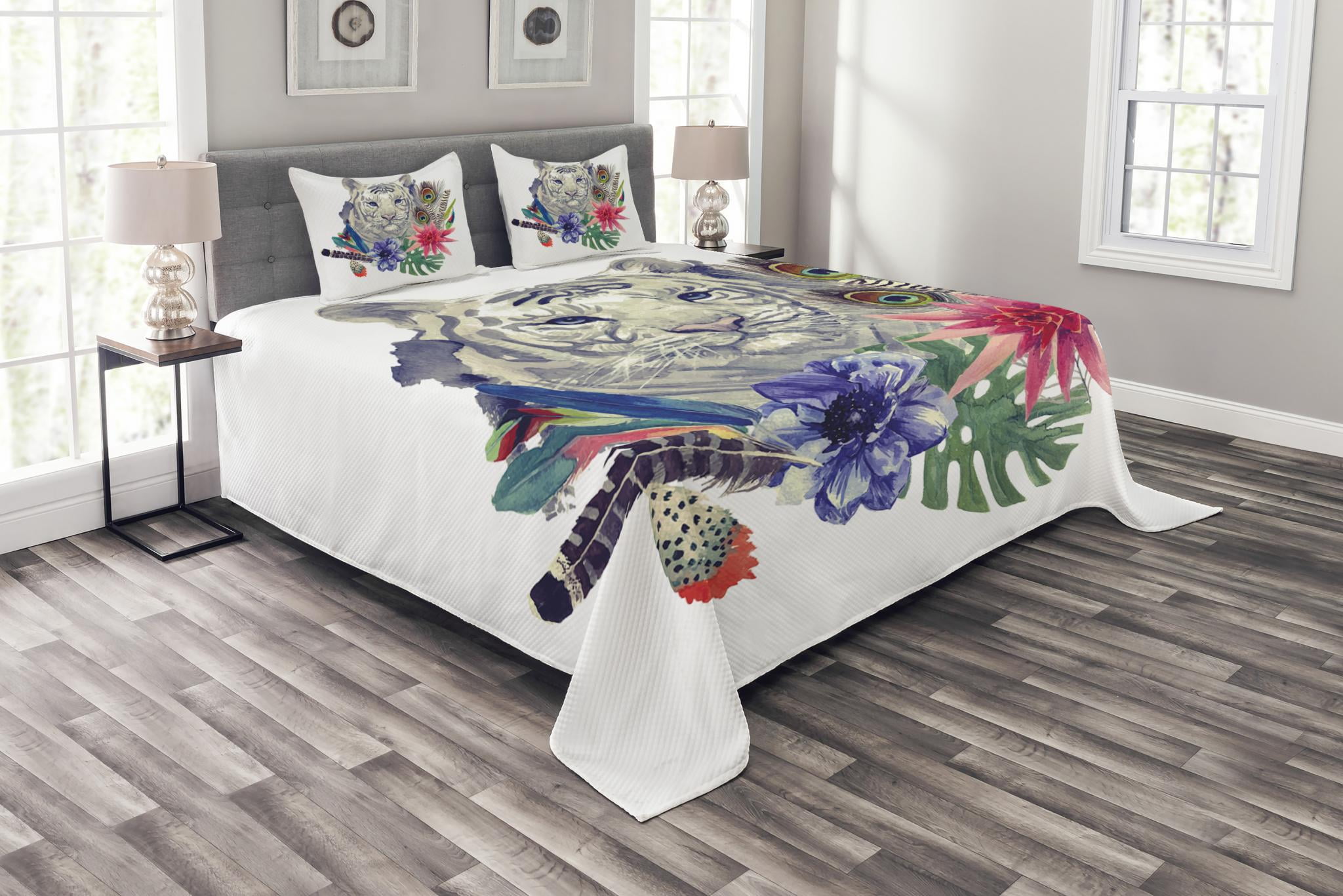 Ambesonne Tiger Quilted Bedspread Set 3 Pcs, Retro Feline Cat, King ...