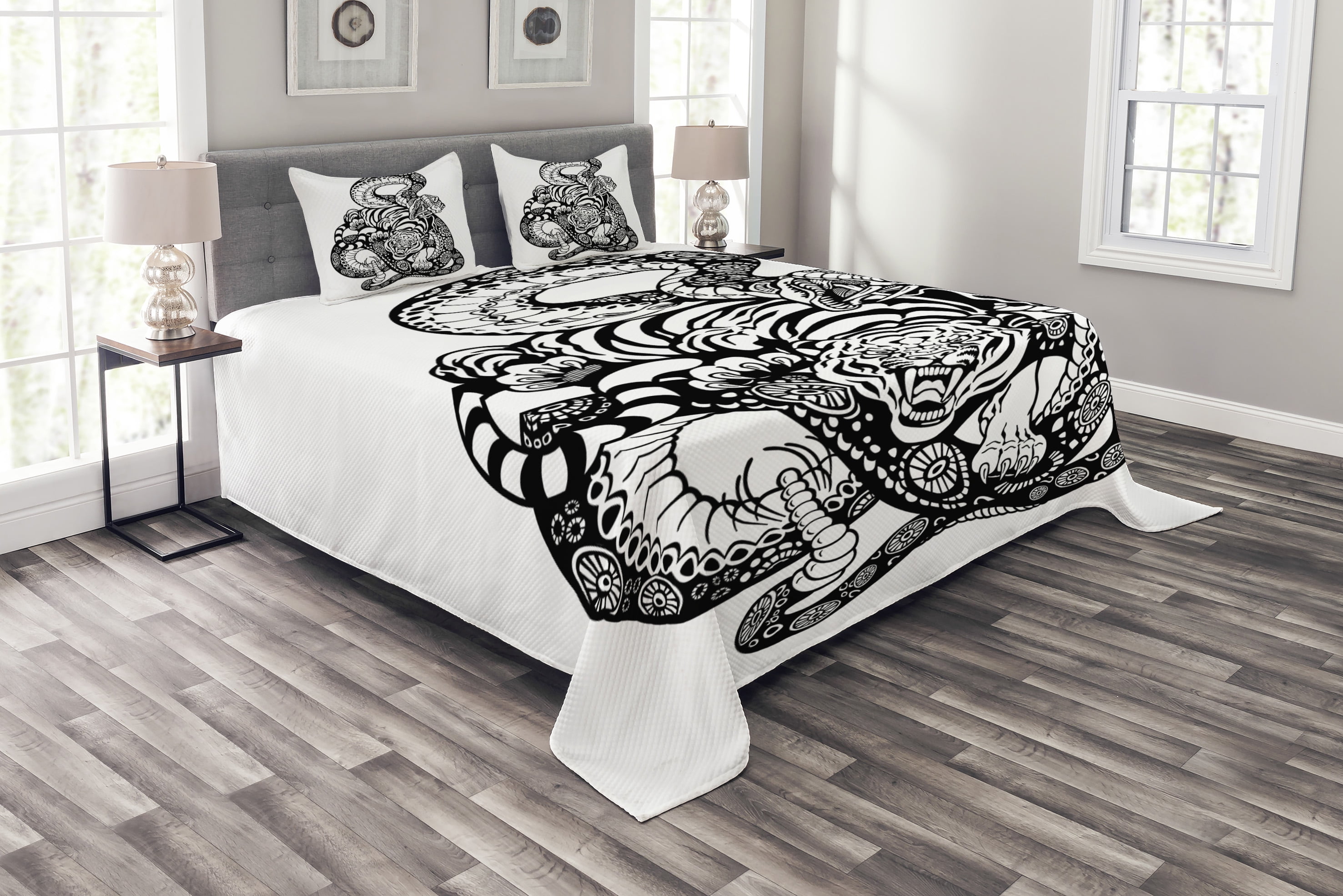 Ambesonne Tiger Quilted Bedspread Set 3 Pcs, Snake and Tiger Pattern ...